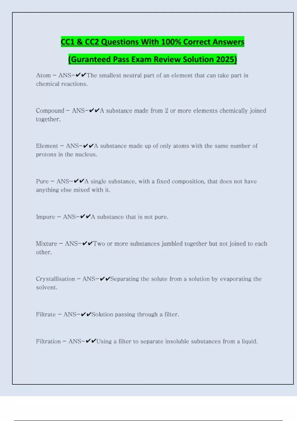 CC1 & CC2 Questions With 100% Correct Answers (Guranteed Pass Exam Review Solution 2025) - CC1 ...