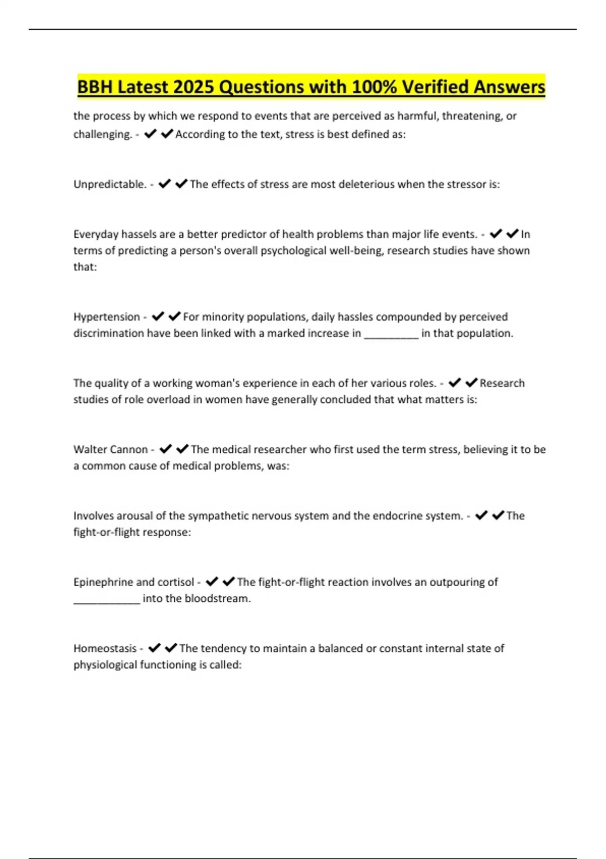 BBH Latest 2025 Questions with 100% Verified Answers - BBH - Stuvia US