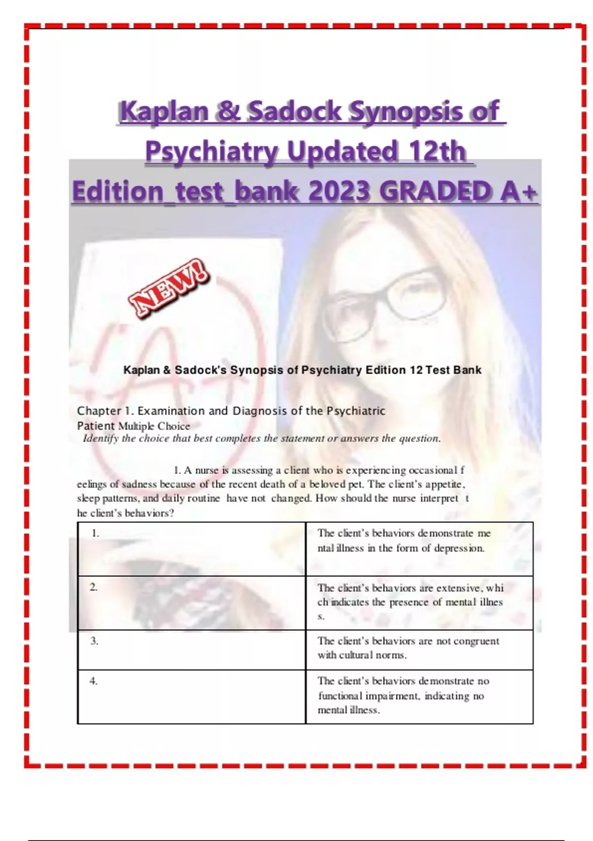 TEST BANK for Kaplan & Sadock’s Synopsis of Psychiatry 12th edition by ...