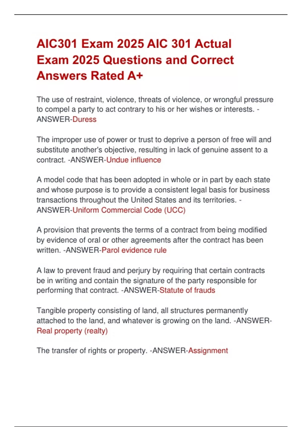 AIC301 Exam 2025 AIC 301 Actual Exam 2025 Questions and Correct Answers ...