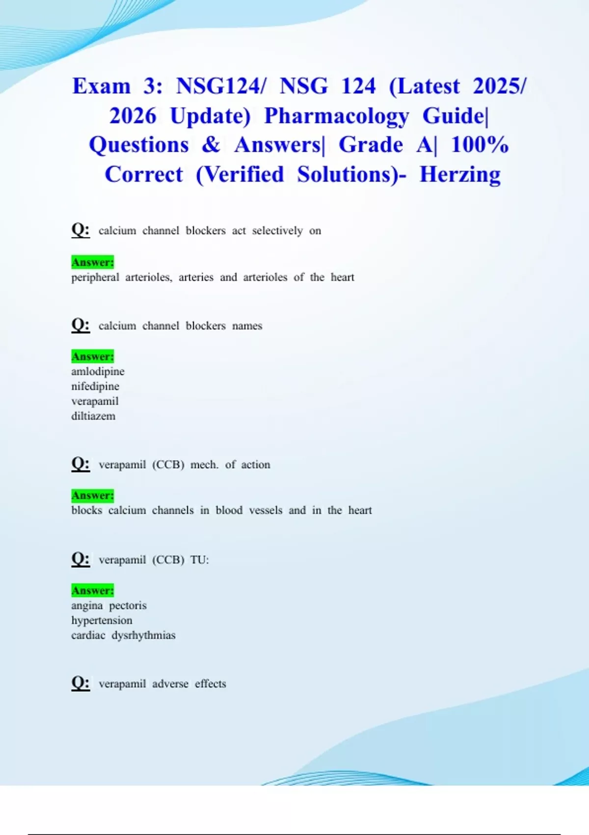 Exam 3: NSG124/ NSG 124 (Latest 2025/ 2026 Update) Pharmacology Guide ...