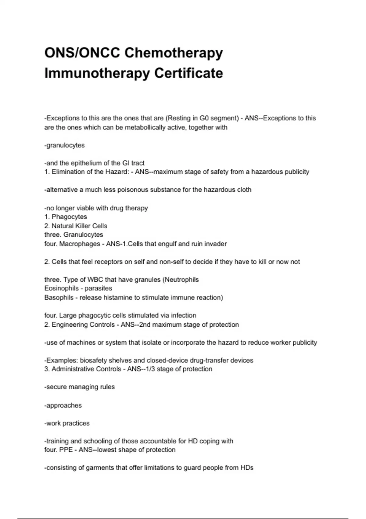 ONS/ONCC Chemotherapy Immunotherapy Certificate QUESTIONS WITH DETAILED ...