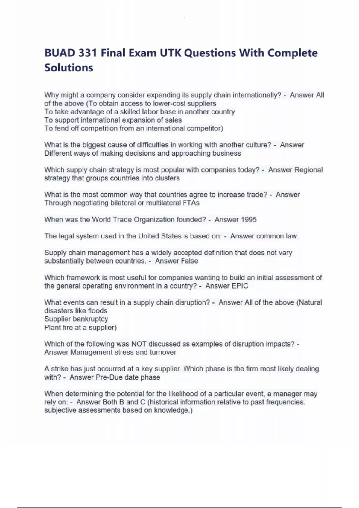 Buad 331 Final Exam Utk Questions With Complete Solutions Buad 331