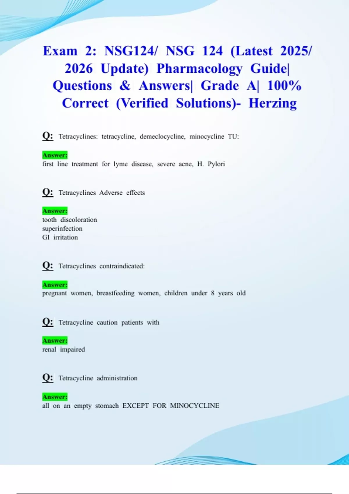 Exam 2: NSG124/ NSG 124 (Latest 2025/ 2026 Update) Pharmacology Guide ...