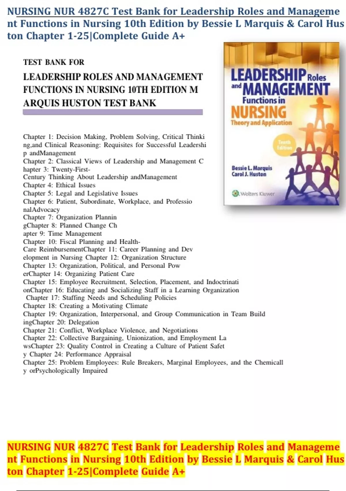 TEST BANK FOR LEADERSHIP ROLES AND MANAGEMENT FUNCTIONS IN NURSING 10TH ...