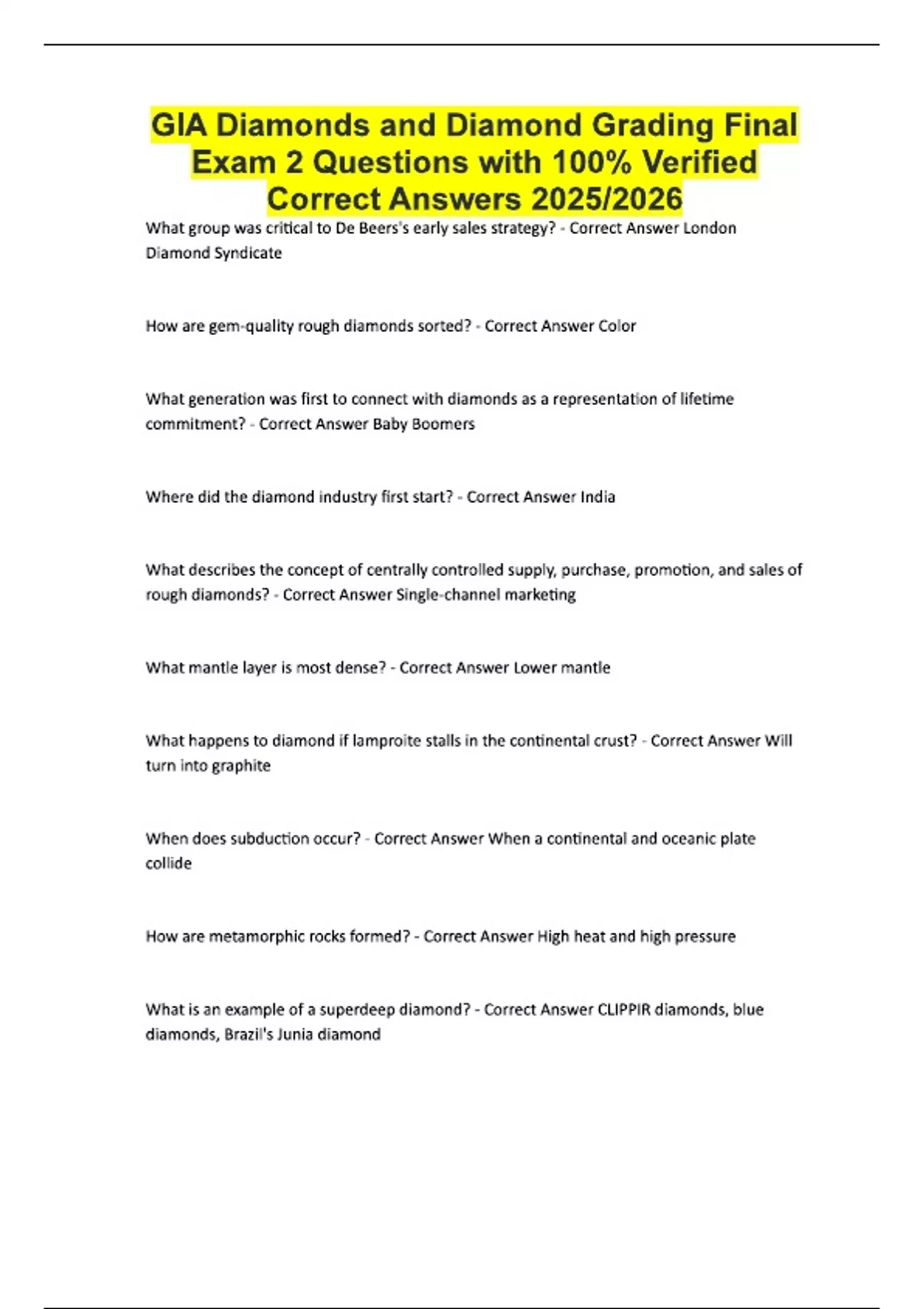 GIA Diamonds and Diamond Grading Final Exam 2 Questions with 100% ...