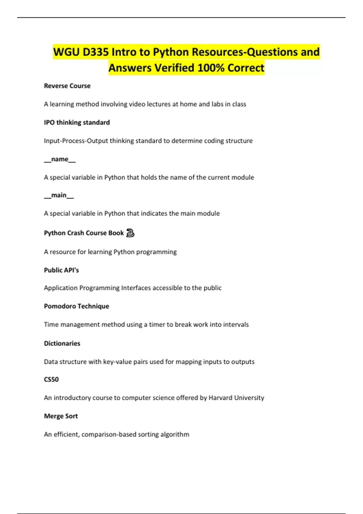 WGU D335 Intro to Python Resources-Questions and Answers Verified 100% Correct - D335 - Stuvia US