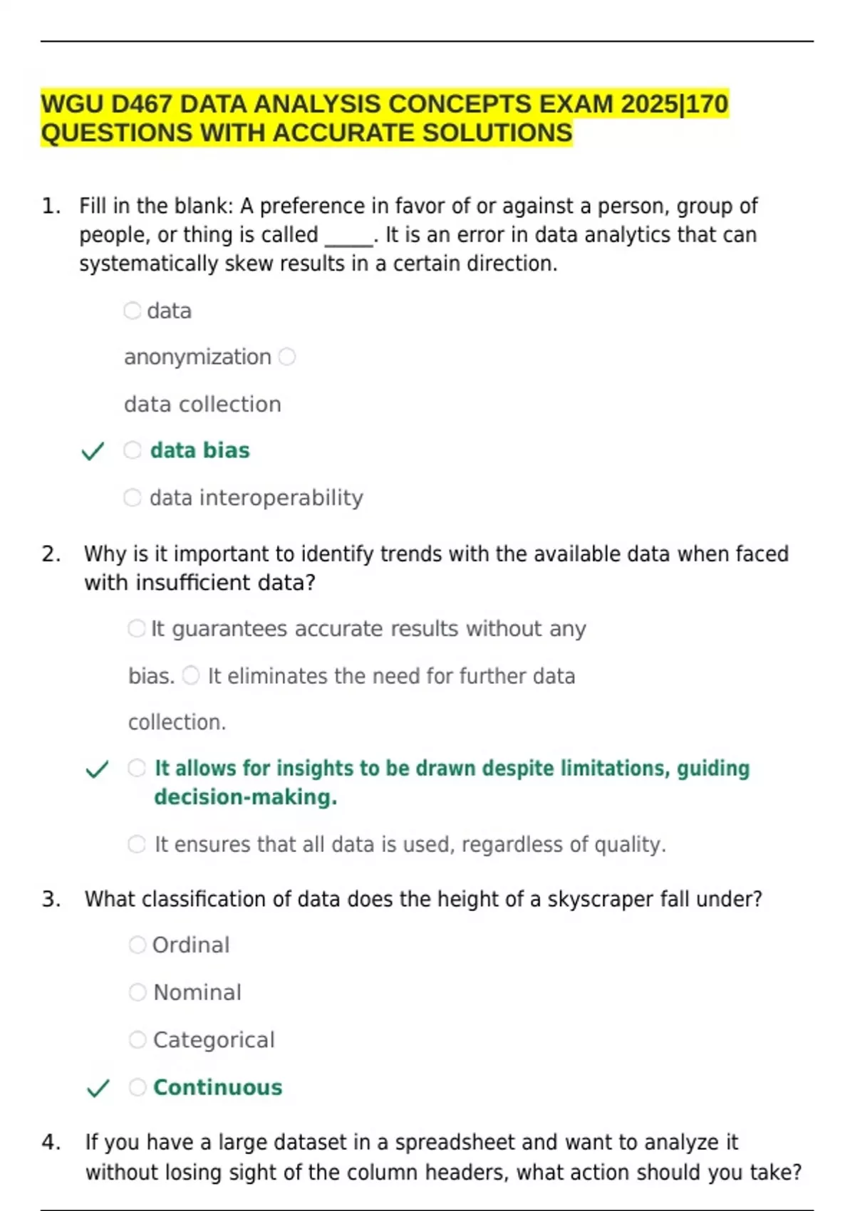 WGU D467 DATA ANALYSIS CONCEPTS EXAM 2025|170 QUESTIONS WITH ACCURATE SOLUTIONS - WGU D467 DATA ...