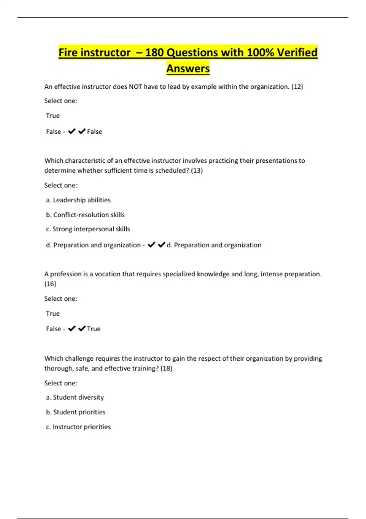 Fire instructor – 180 Questions with 100% Verified Answers - Fire ...