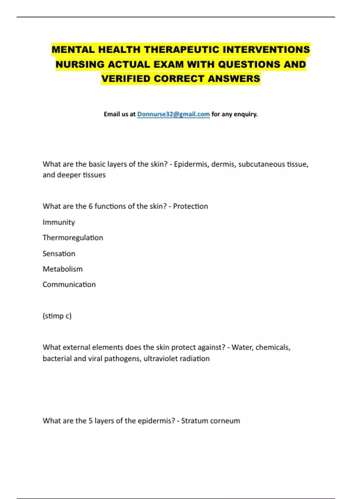 MENTAL HEALTH THERAPEUTIC INTERVENTIONS NURSING ACTUAL EXAM WITH ...