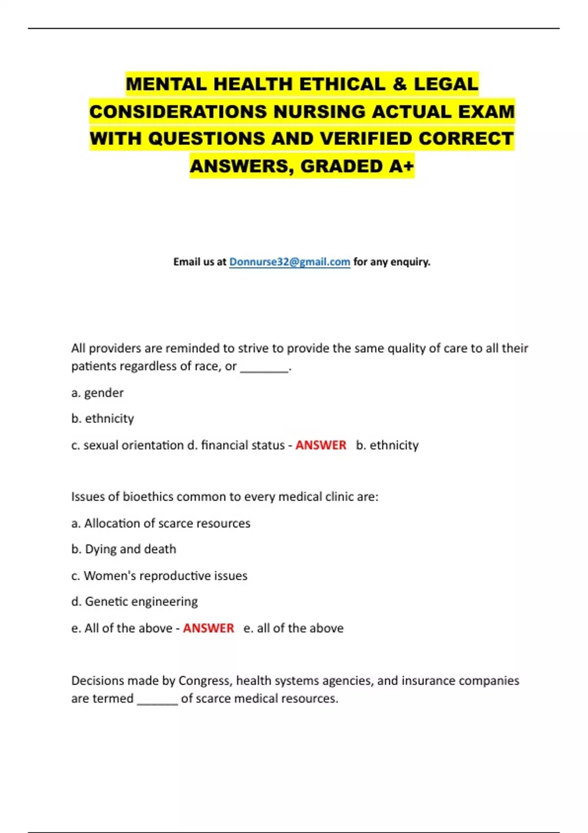 MENTAL HEALTH ETHICAL & LEGAL CONSIDERATIONS NURSING ACTUAL EXAM WITH ...