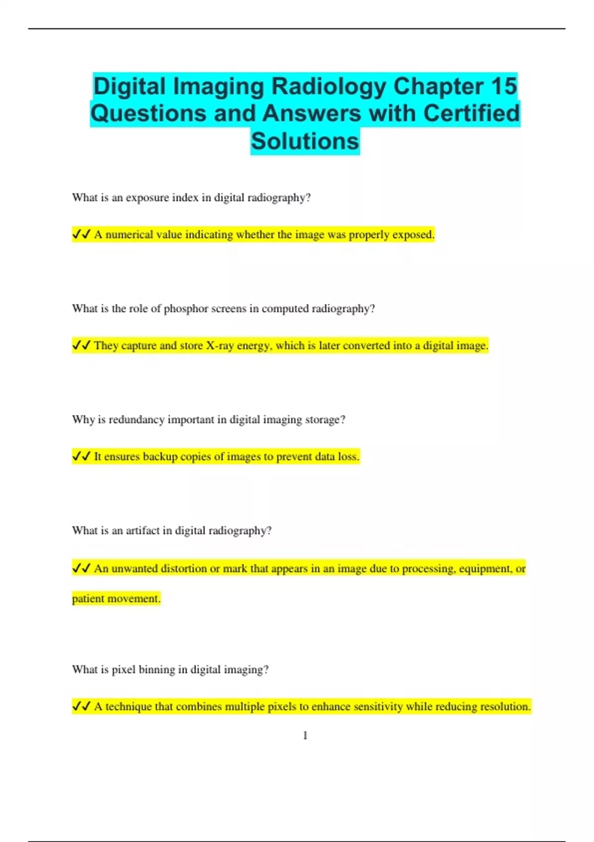 Digital Imaging Radiology Chapter 15 Questions and Answers with Certified Solutions - Digital ...