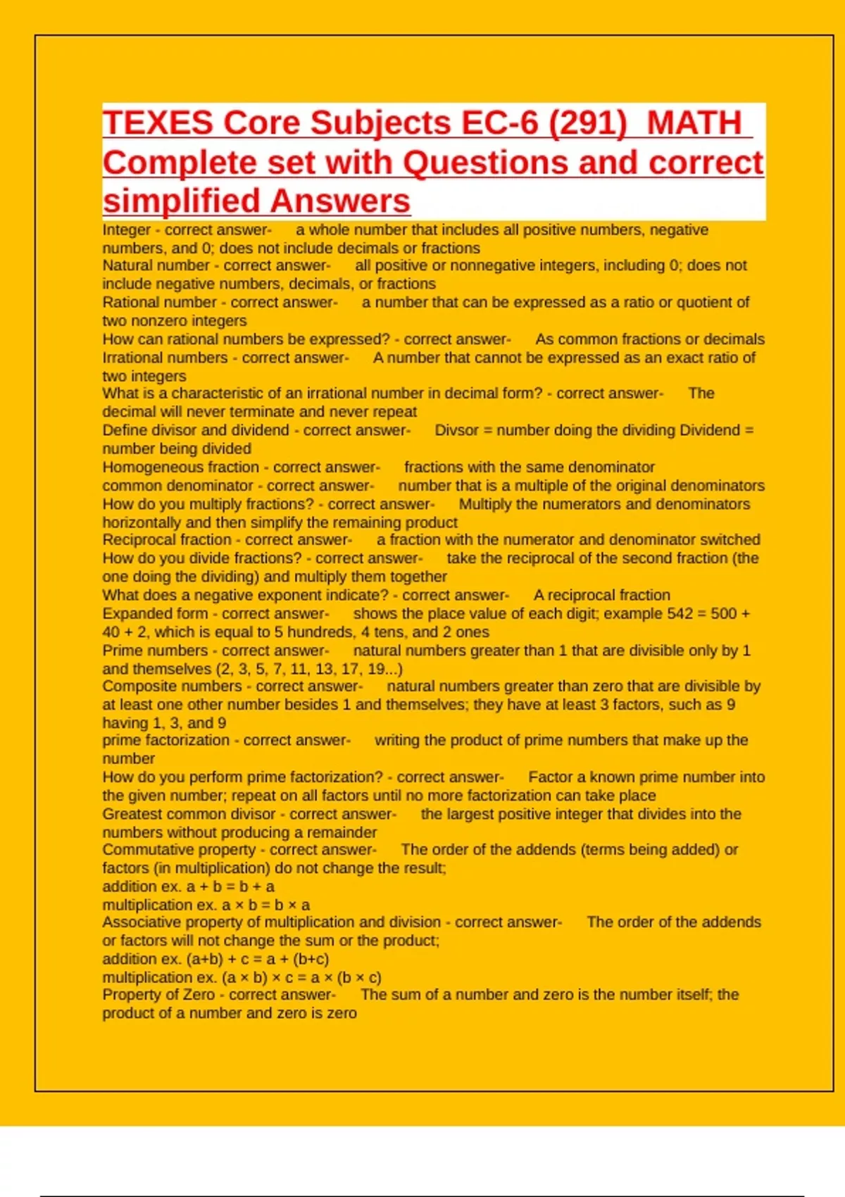 TEXES Core Subjects EC-6 (291) MATH Complete set with Questions and correct simplified Answers ...