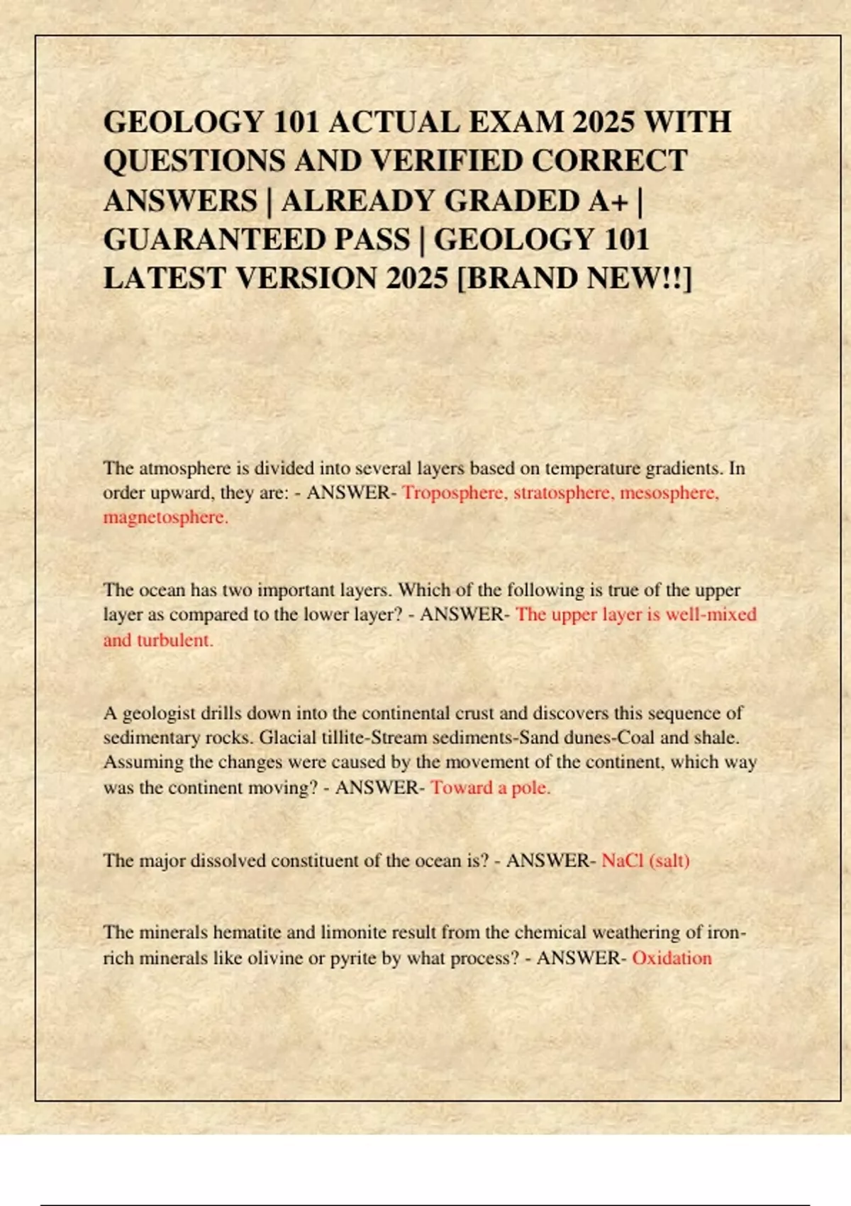 GEOLOGY 101 ACTUAL EXAM 2025 WITH QUESTIONS AND VERIFIED CORRECT ...