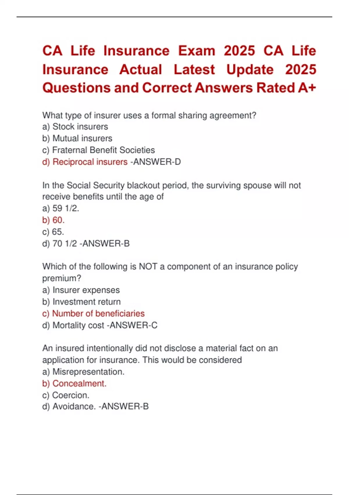 CA Life Insurance Exam 2025 CA Life Insurance Actual Latest Update 2025 ...