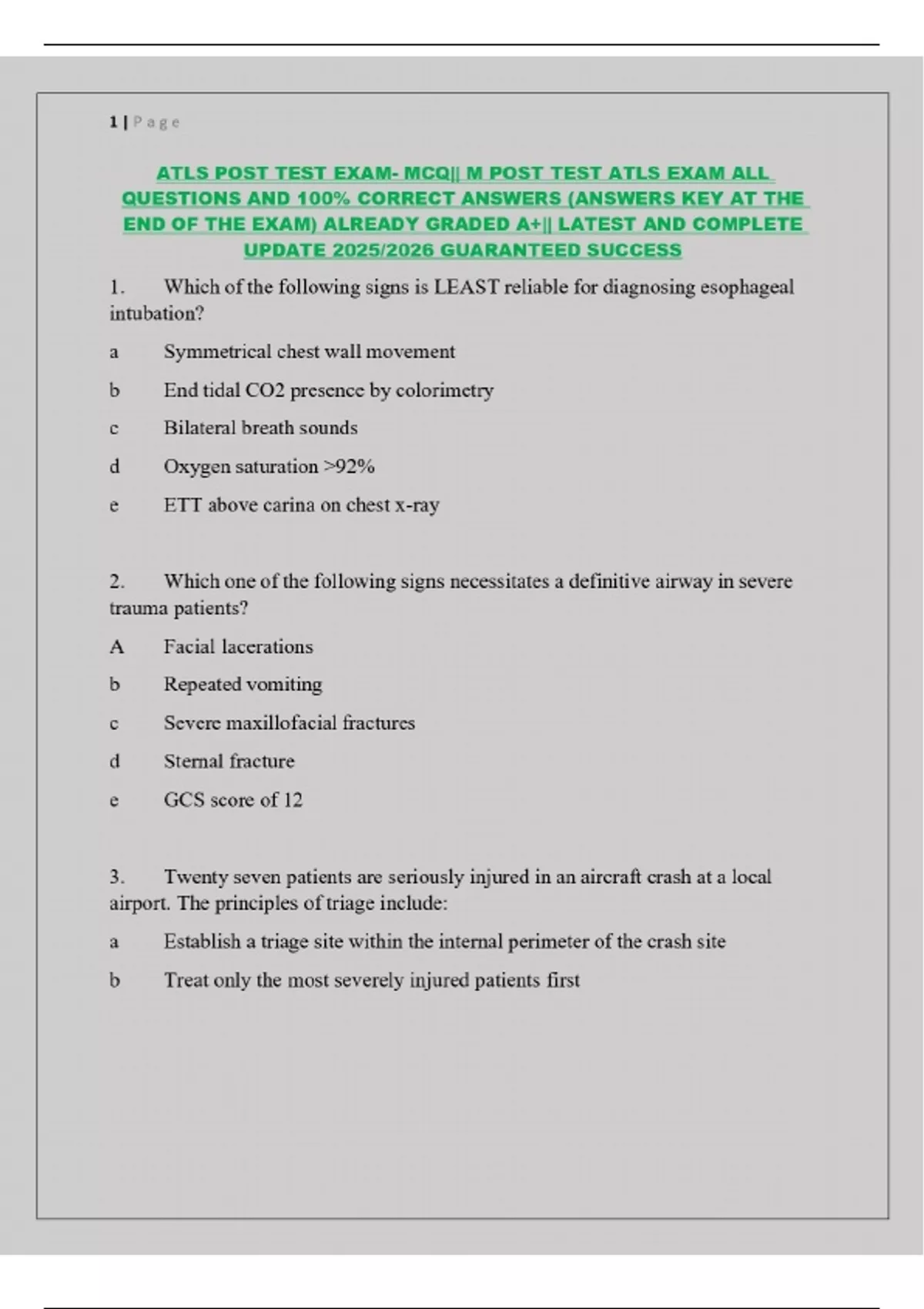 ATLS POST TEST EXAM- MCQ|| M POST TEST ATLS EXAM ALL QUESTIONS AND 100% ...