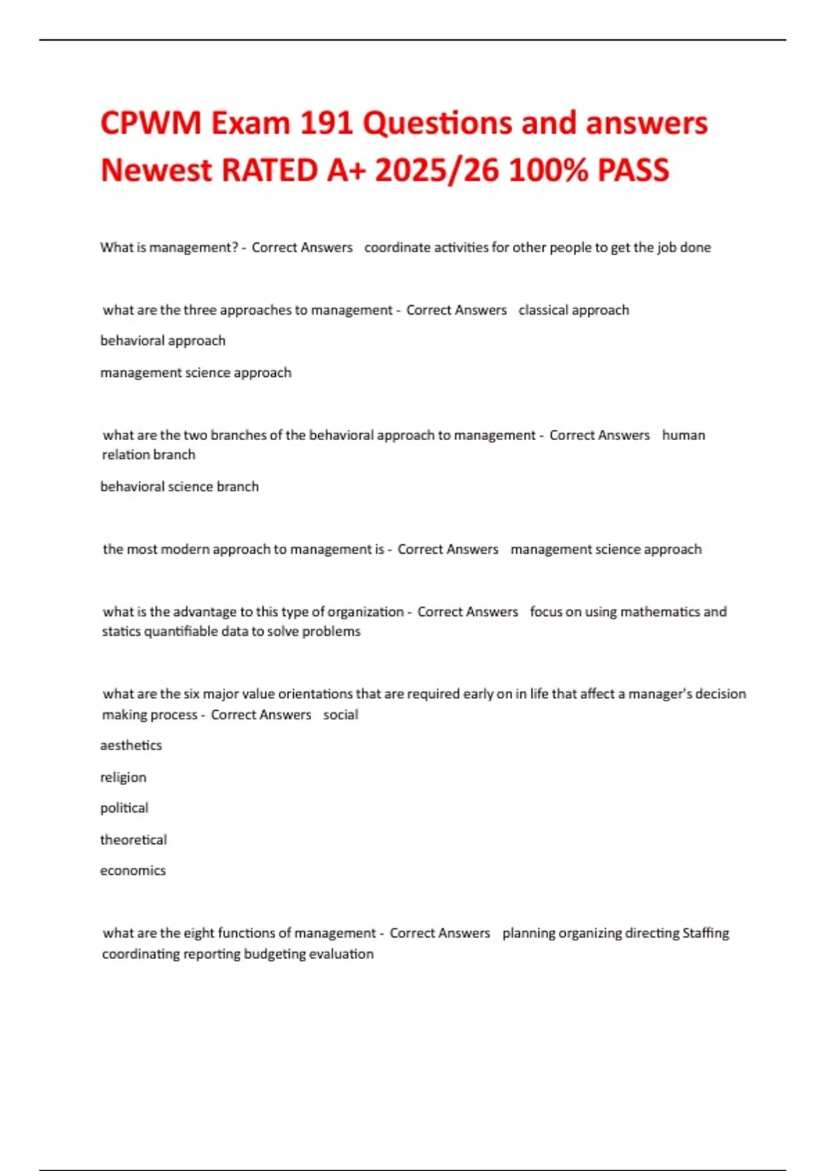 CPWM Exam 191 Questions and answers Newest RATED A+ 2025/26 100% PASS - CPWM - Stuvia US