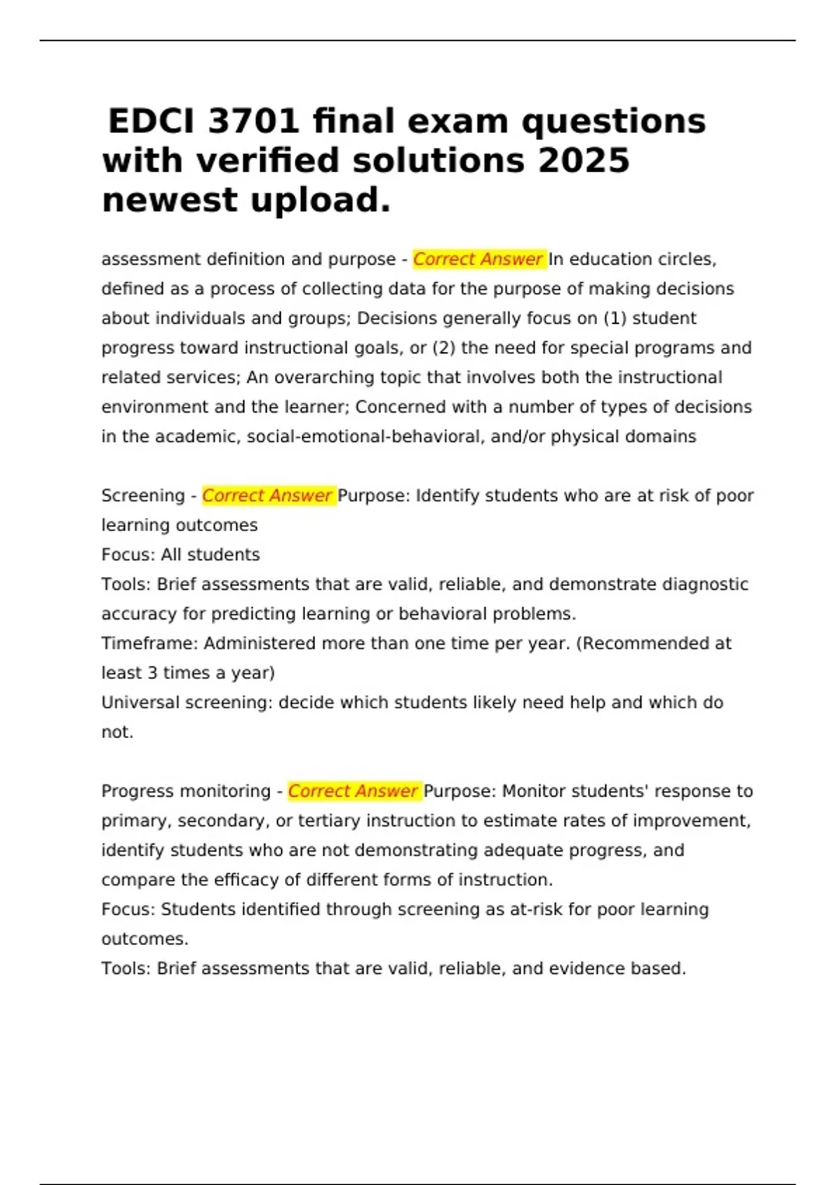 EDCI 3701 final exam questions with verified solutions 2025 newest upload. assessment definition ...