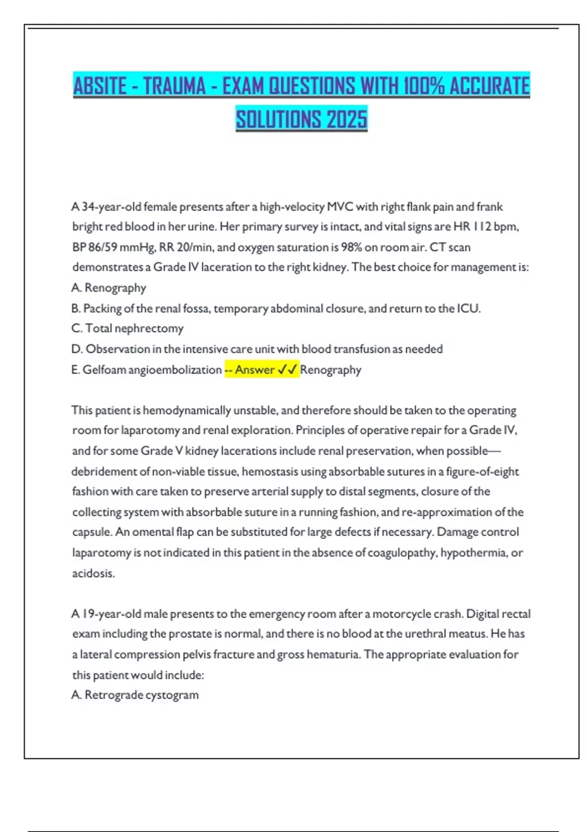 ABSITE - TRAUMA - EXAM QUESTIONS WITH 100% ACCURATE SOLUTIONS 2025 ...