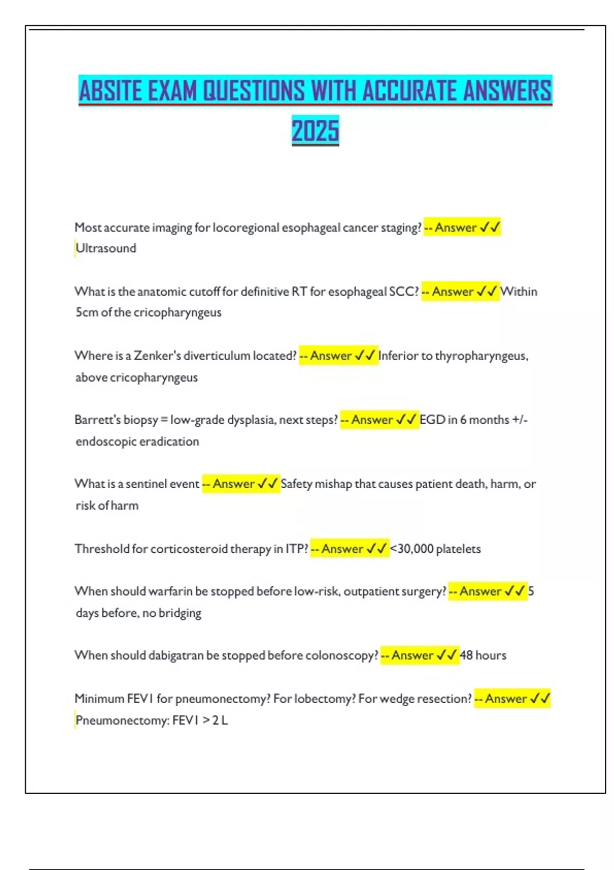 ABSITE EXAM QUESTIONS WITH ACCURATE ANSWERS 2025. - ABSITE - Stuvia US