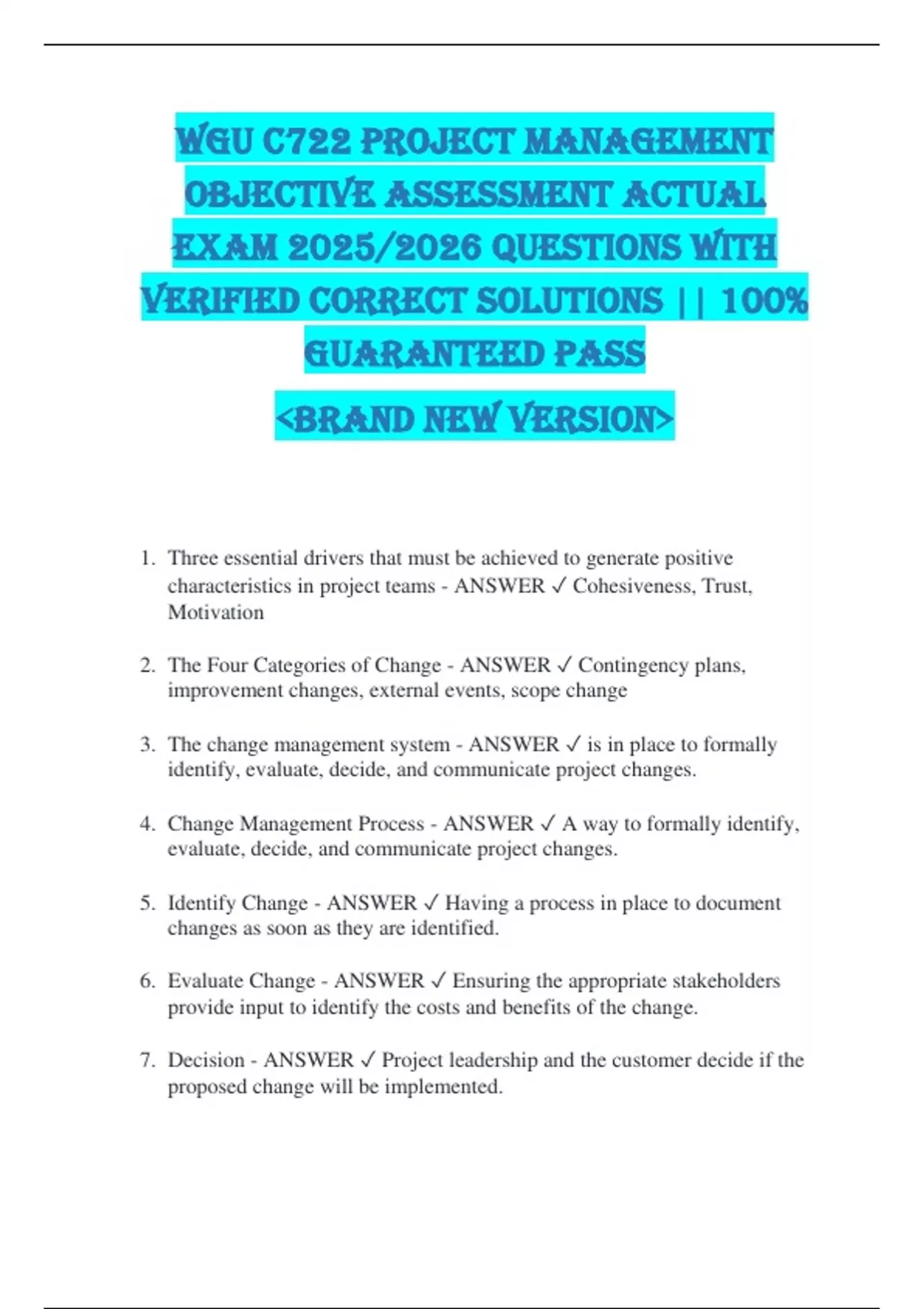 WGU C722 Project Management OBJECTIVE ASSESSMENT ACTUAL EXAM 2025/2026 ...