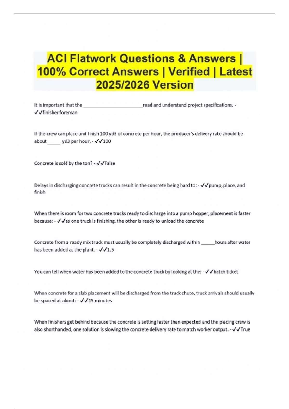 ACI Flatwork Questions & Answers |100% Correct Answers | Verified ...