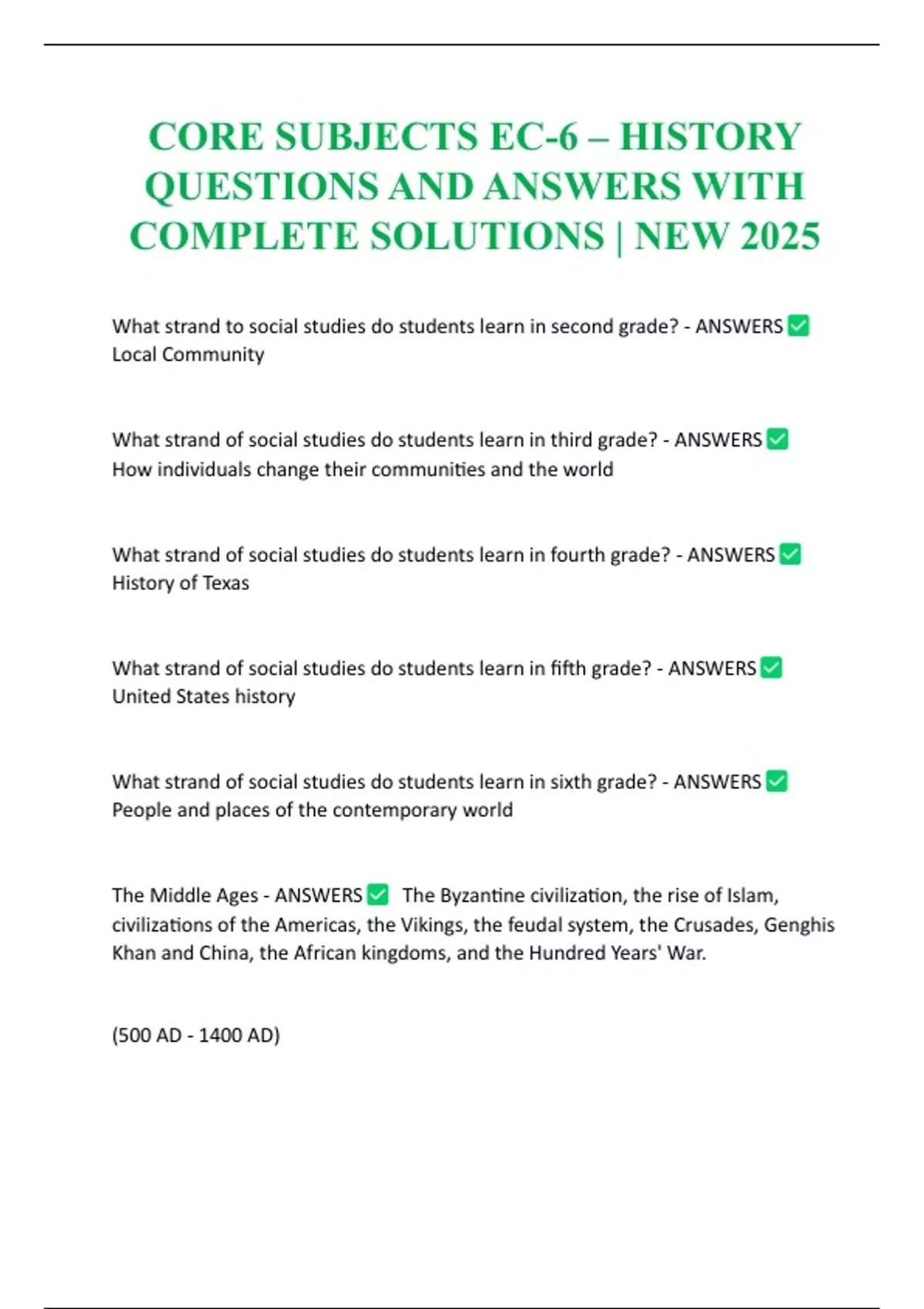 CORE SUBJECTS EC-6 – HISTORY QUESTIONS AND ANSWERS WITH COMPLETE ...