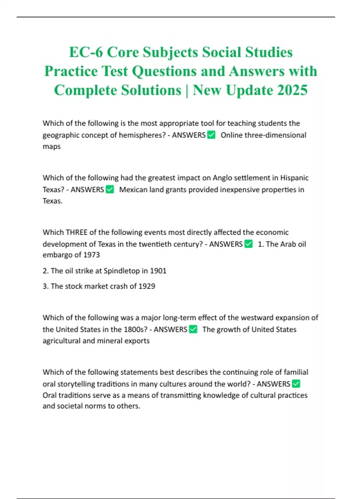 EC-6 Core Subjects Social Studies Practice Test Questions and Answers ...