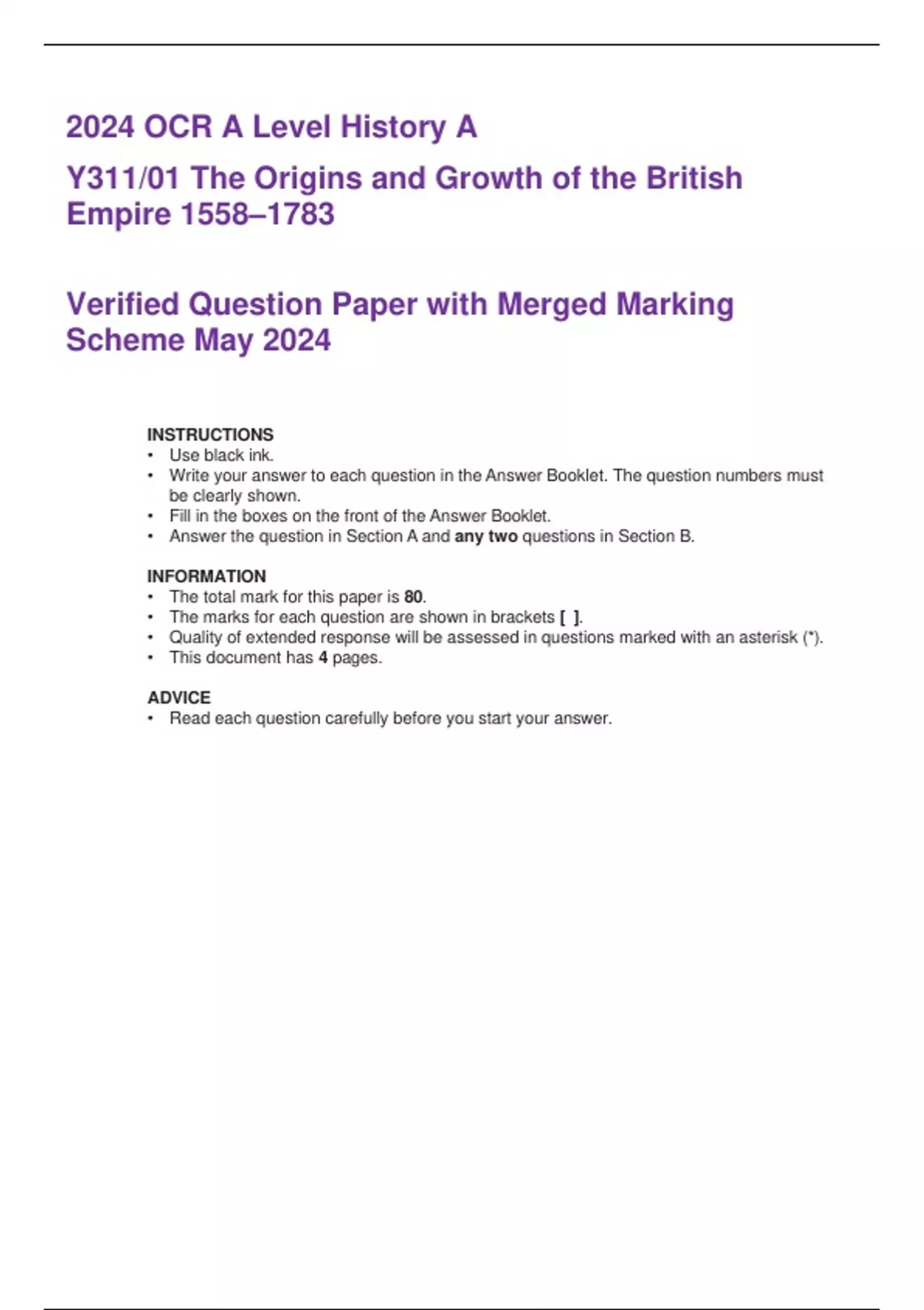 2024 OCR A Level History A Y311/01 The Origins and Growth of the ...
