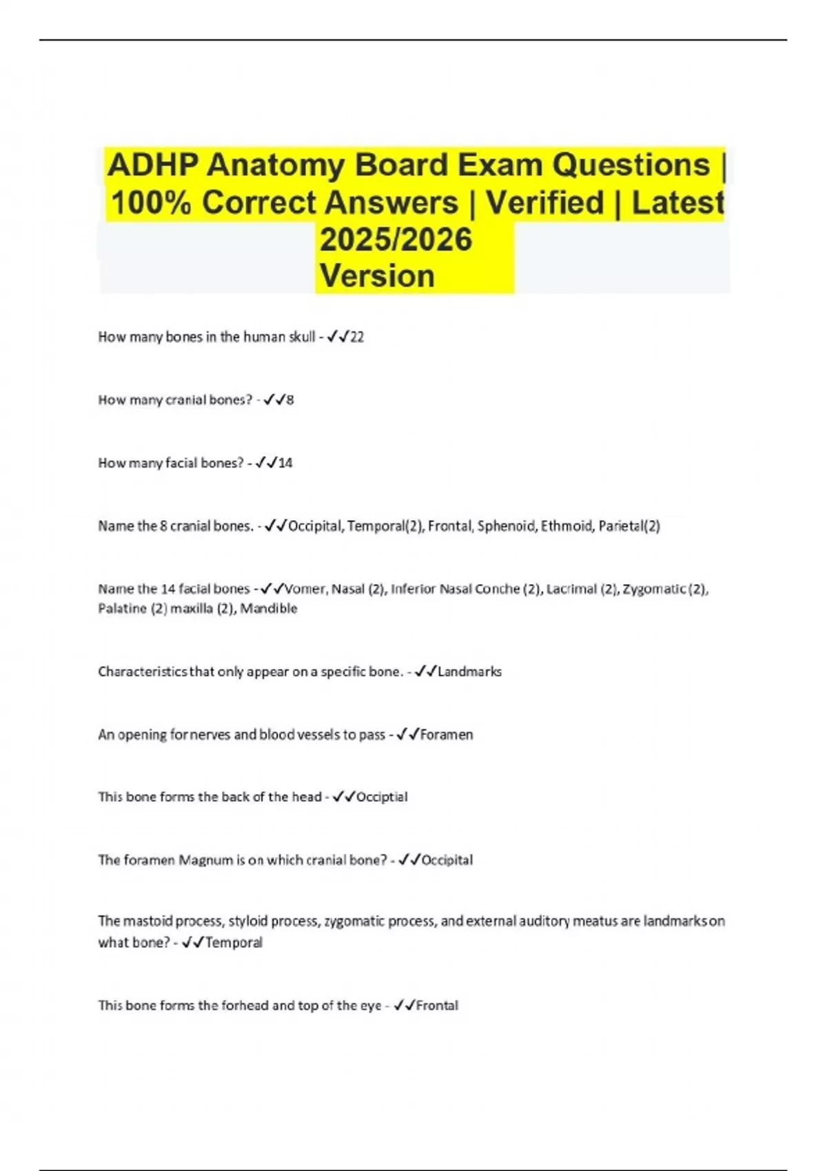 ADHP Anatomy Board Exam Questions | 100% Correct Answers | Verified ...