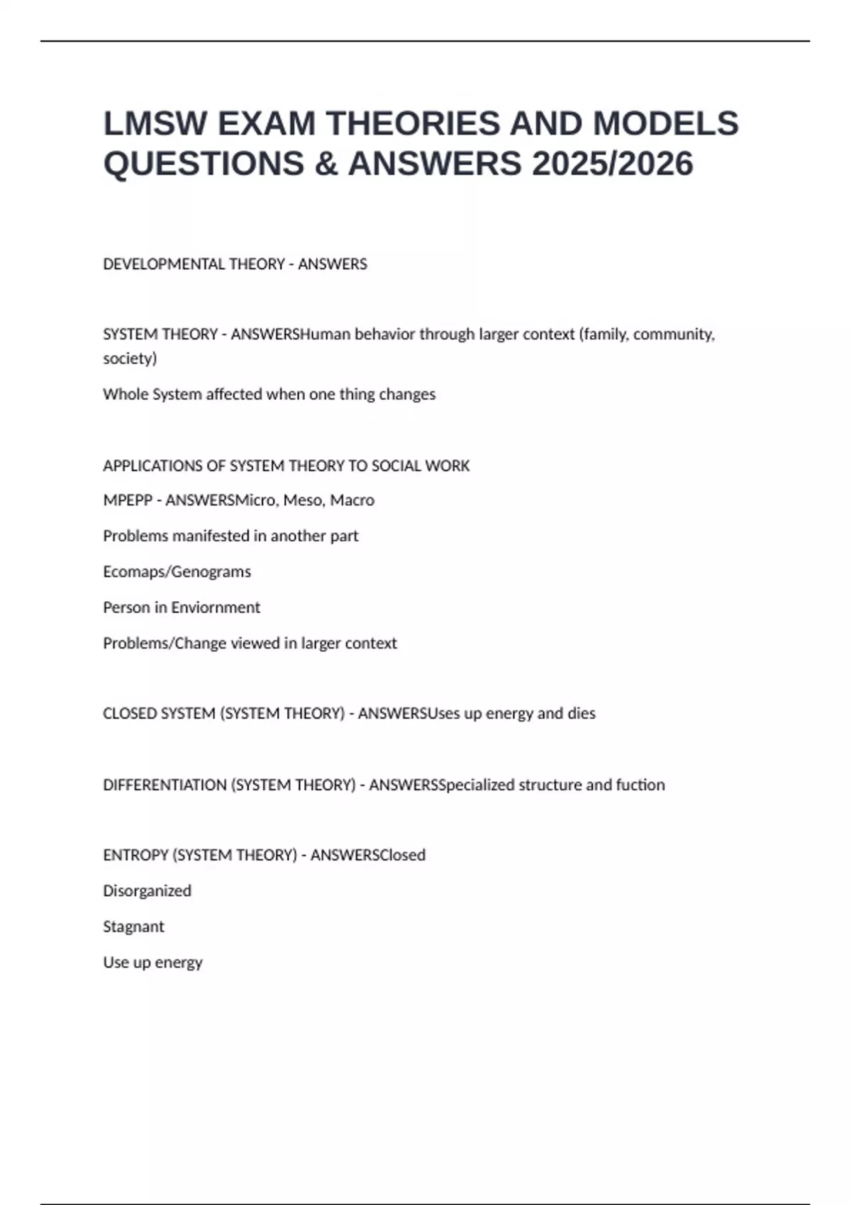 LMSW EXAM THEORIES AND MODELS QUESTIONS & ANSWERS 2025/2026 - LMSW ...