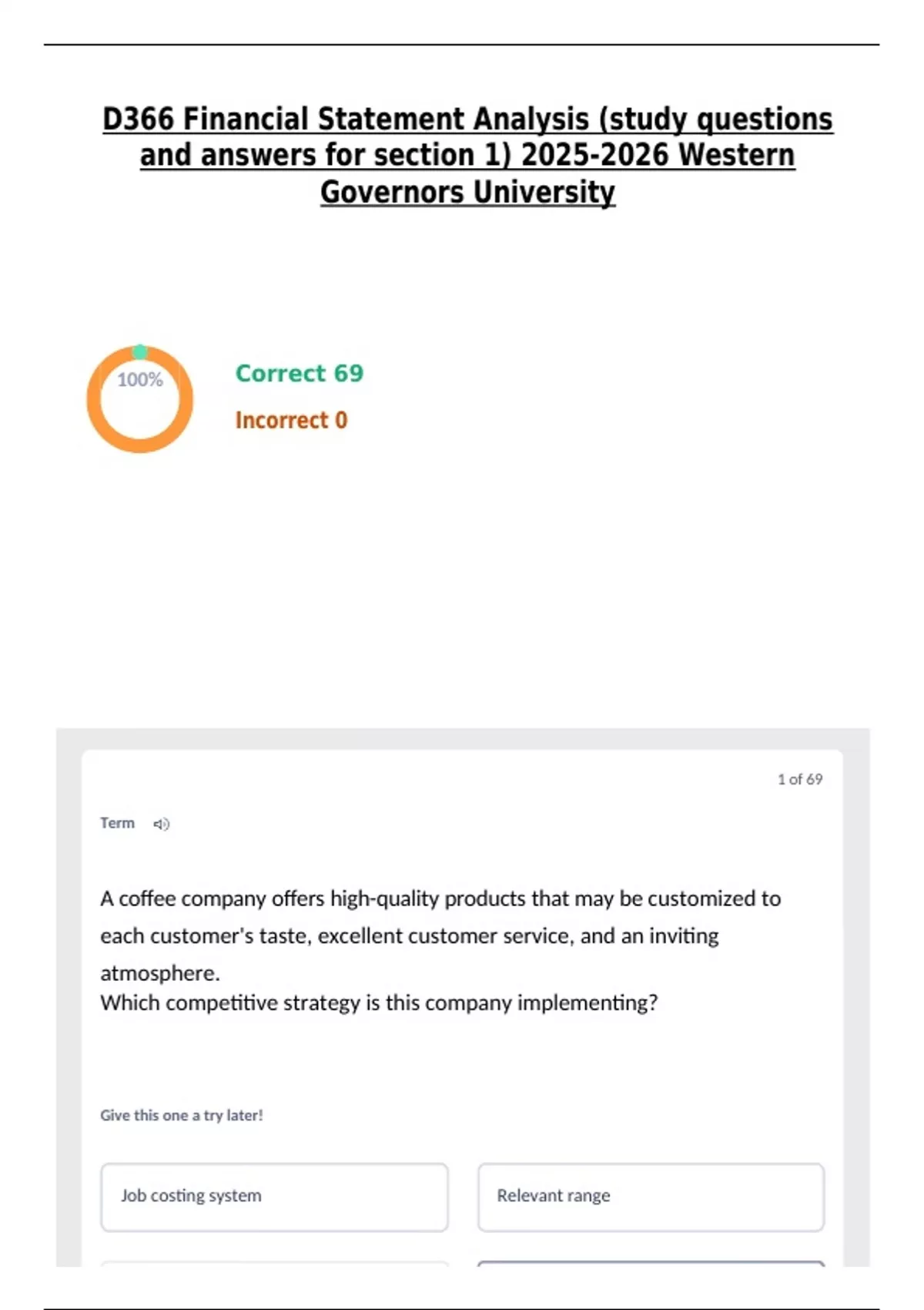 D366 Financial Statement Analysis (study questions and answers for section 1) Western Governors ...