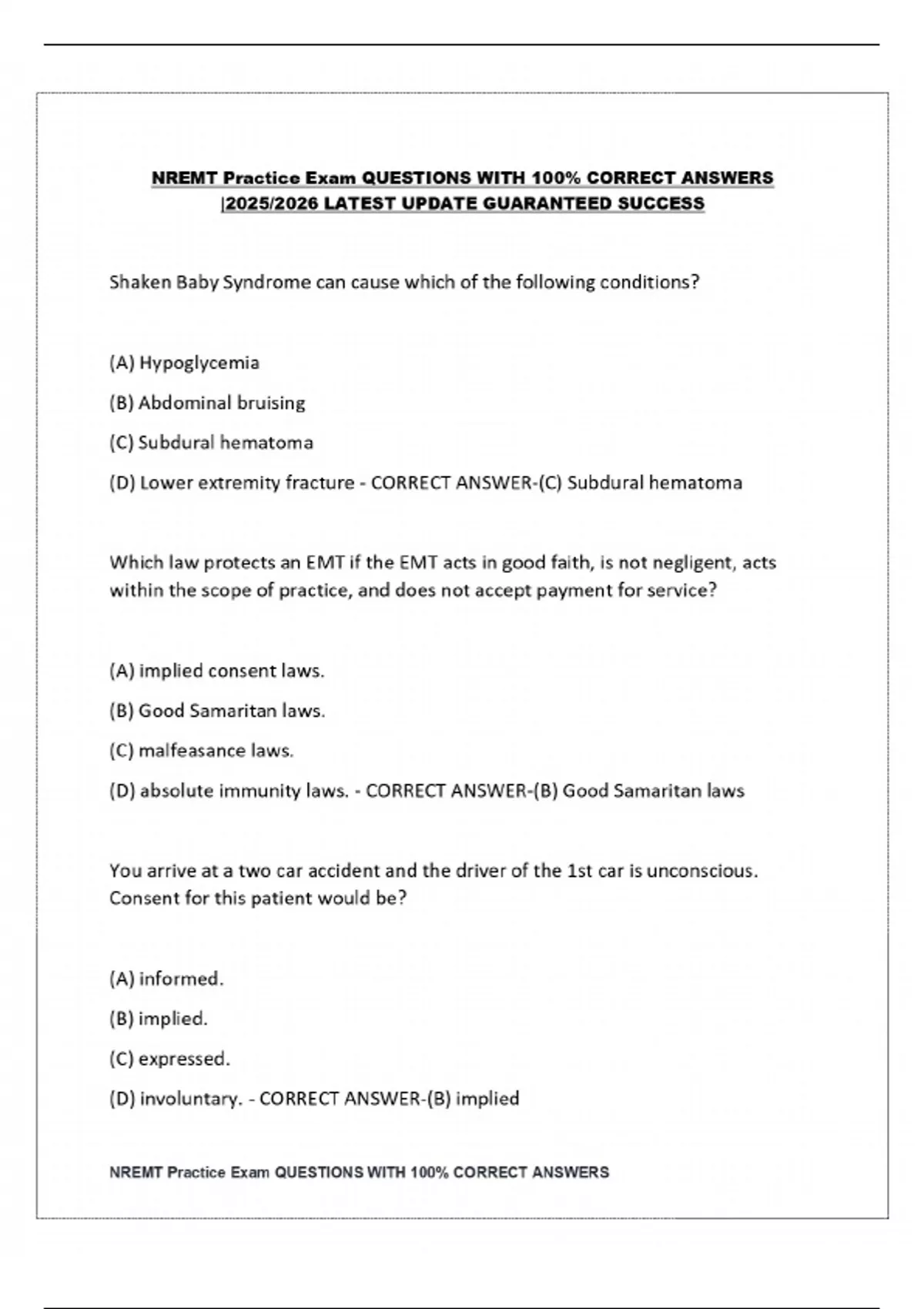 NREMT Practice Exam QUESTIONS WITH 100% CORRECT ANSWERS |2025/2026 ...