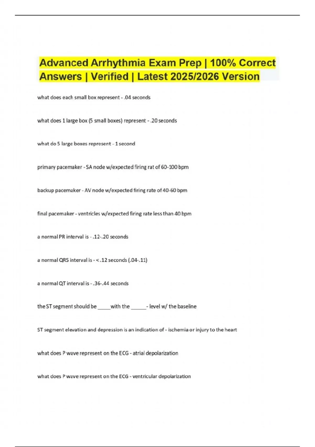 Advanced Arrhythmia Exam Prep | 100% Correct Answers | Verified ...