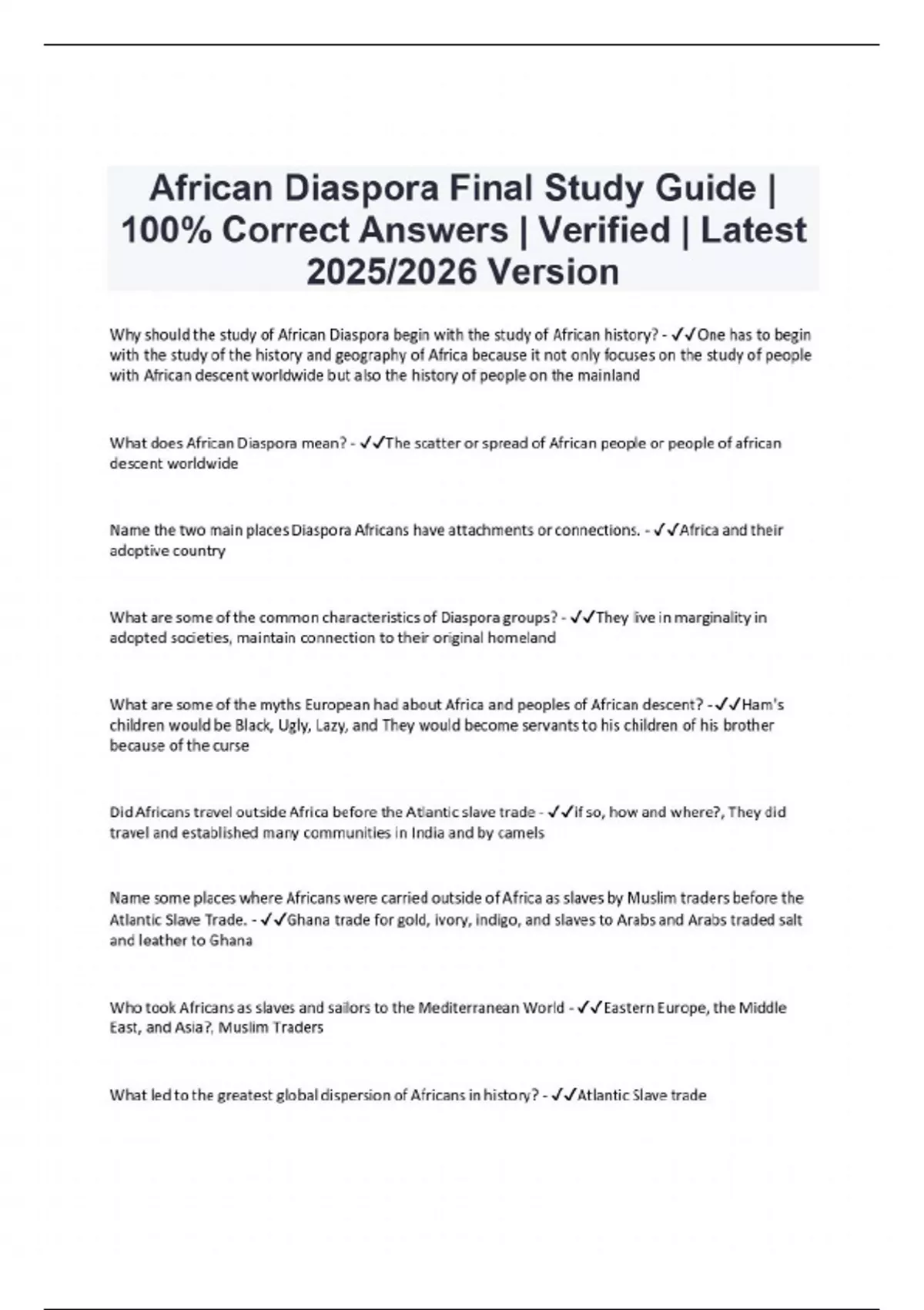 African Diaspora Final Study Guide | 100% Correct Answers | Verified ...