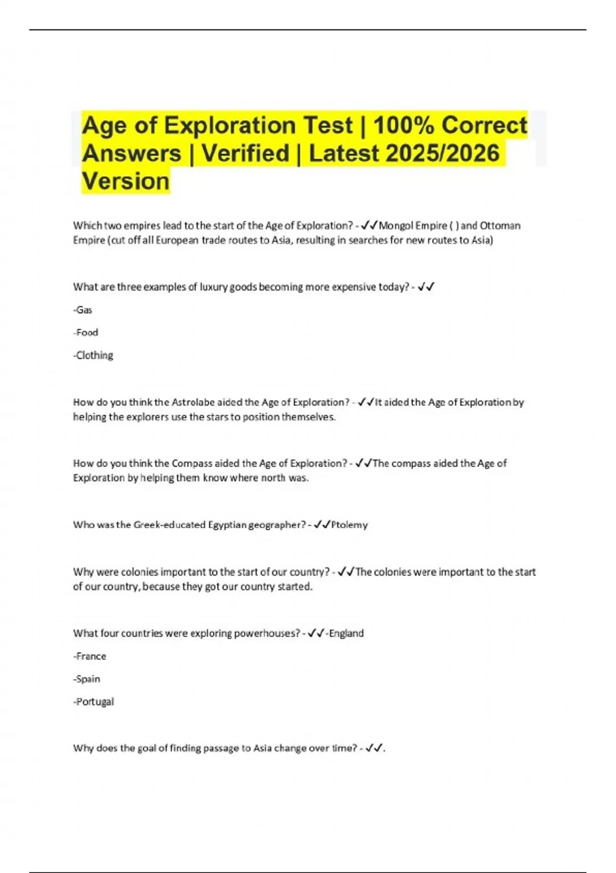 Age of Exploration Test | 100% Correct Answers | Verified | Latest 2025 ...