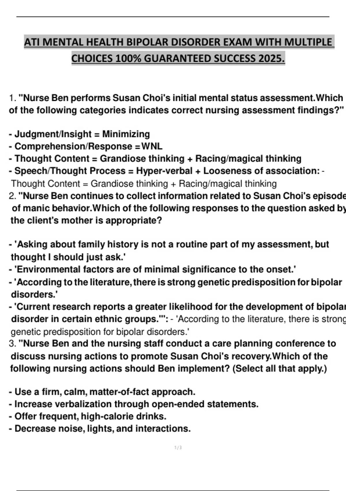 ATI MENTAL HEALTH BIPOLAR DISORDER EXAM WITH MULTIPLE CHOICES 100% ...