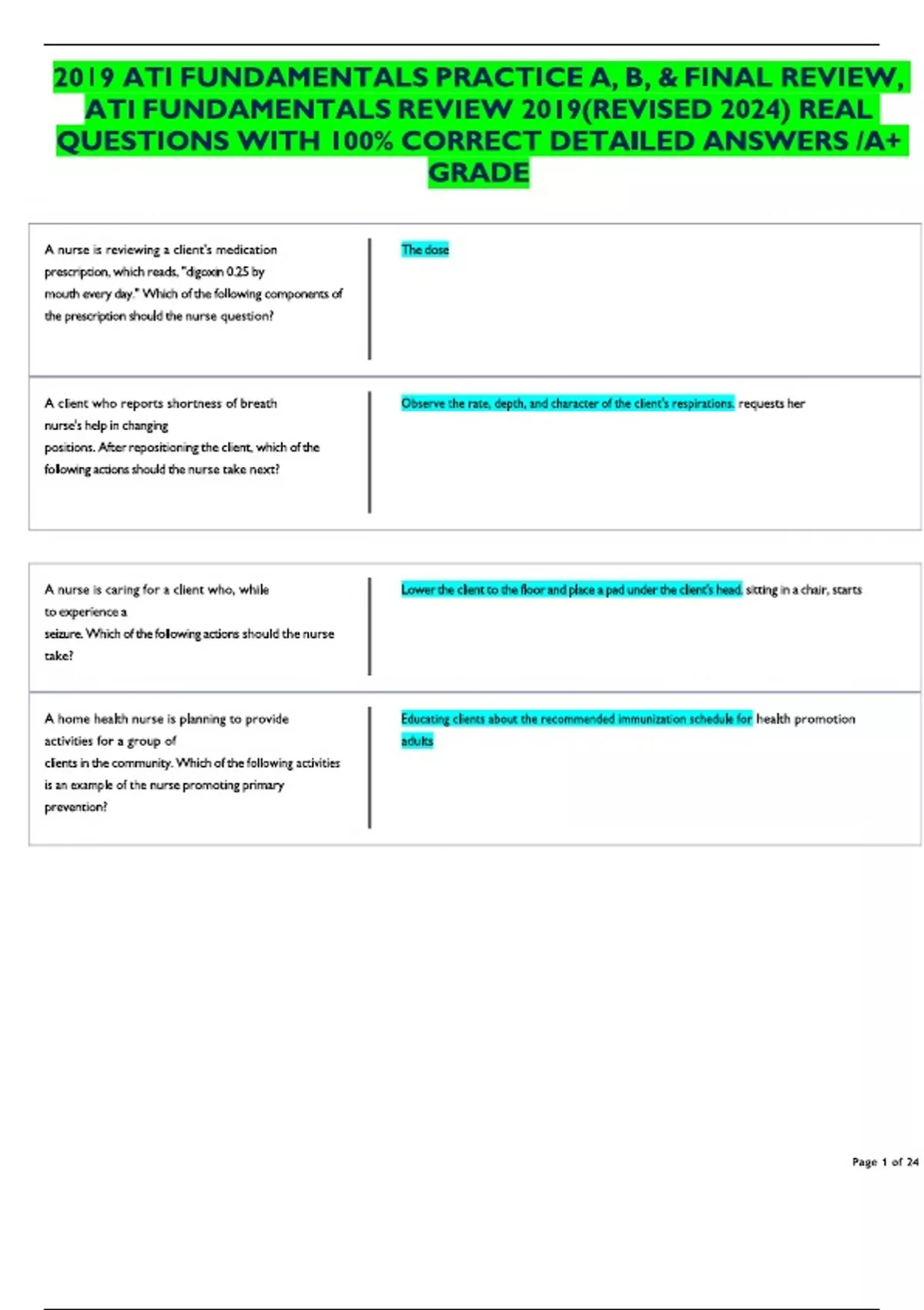 ATI FUNDAMENTALS PRACTICE A, B, & FINAL REVIEW, ATI FUNDAMENTALS REVIEW ...