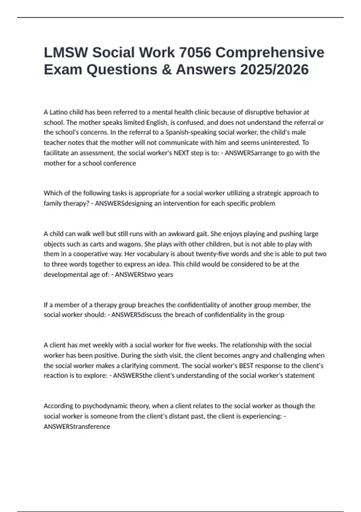 LMSW Social Work 7056 Comprehensive Exam Questions & Answers 2025/2026 ...