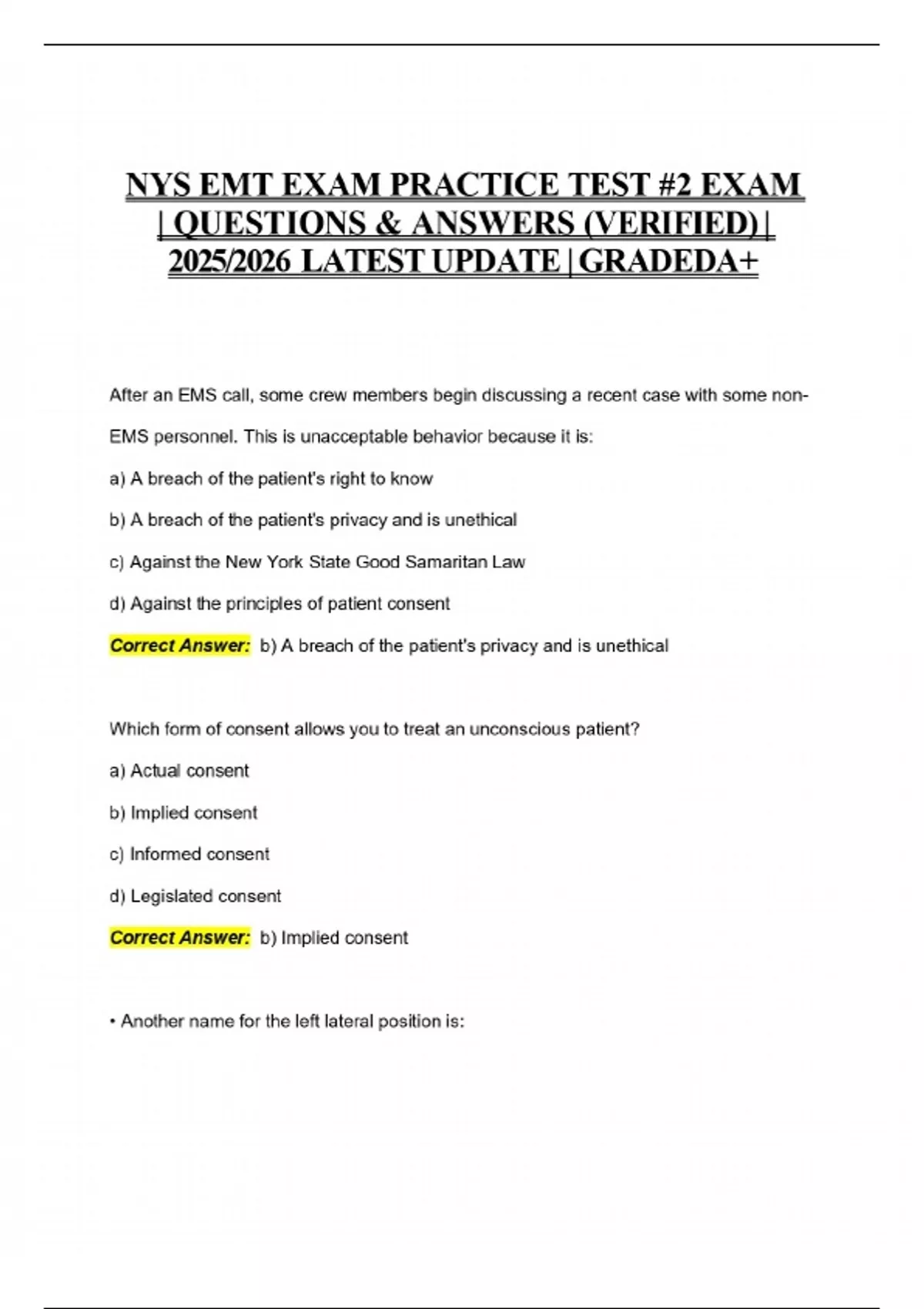 NYS EMT EXAM PRACTICE TEST #2 EXAM | QUESTIONS & ANSWERS (VERIFIED ...