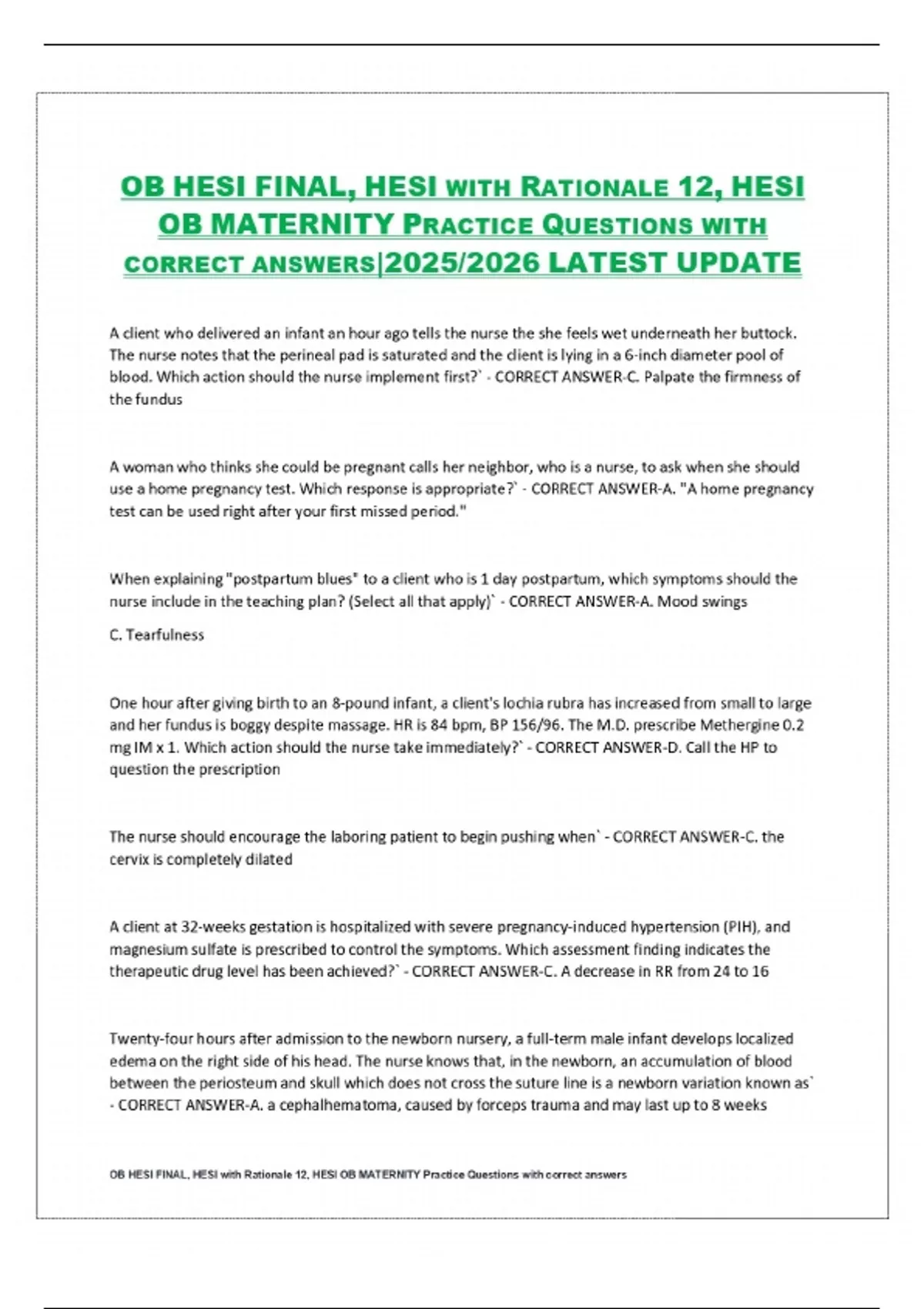 OB HESI FINAL, HESI WITH RATIONALE 12, HESI OB MATERNITY PRACTICE ...
