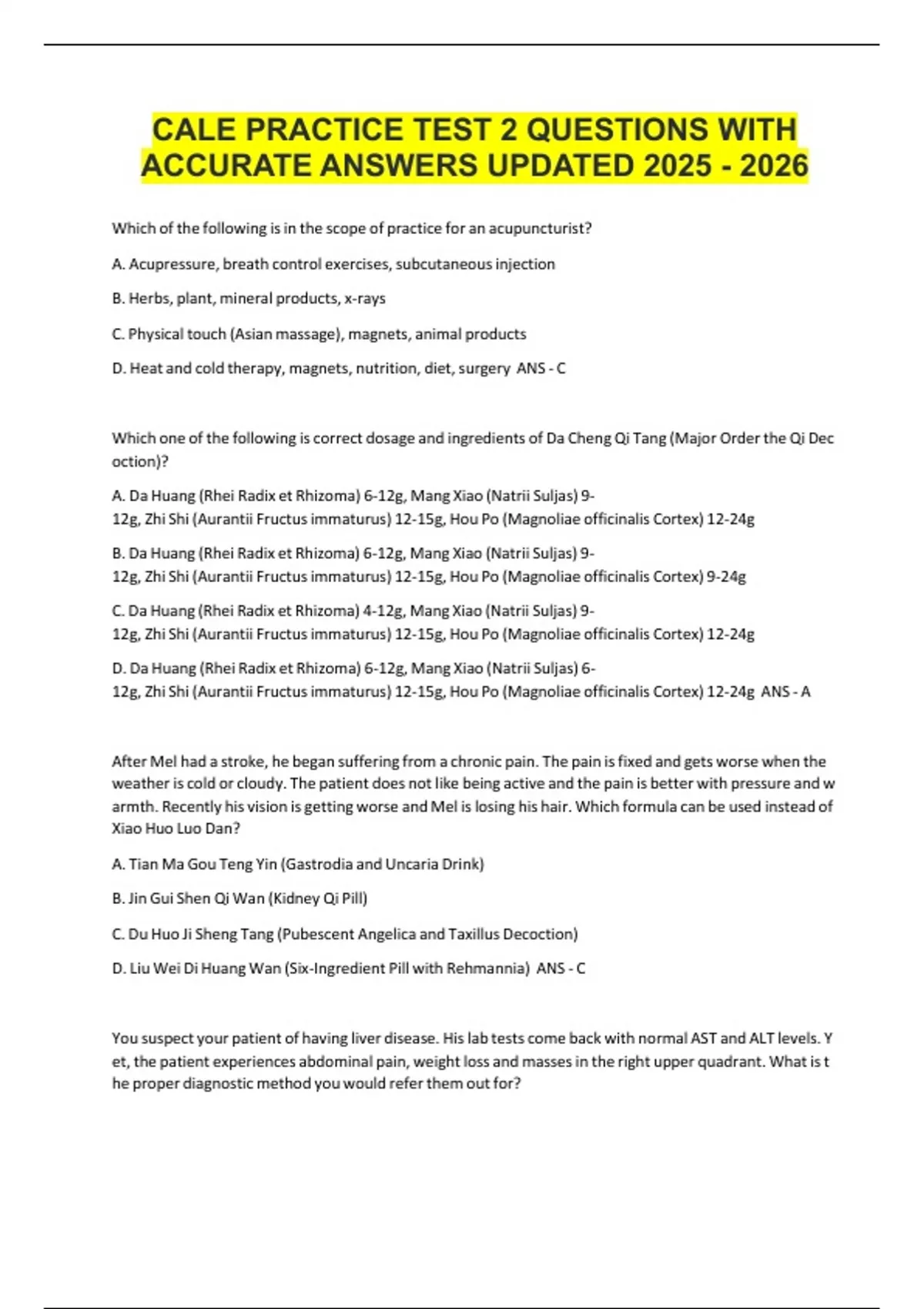 CALE PRACTICE TEST 2 QUESTIONS WITH ACCURATE ANSWERS UPDATED ...
