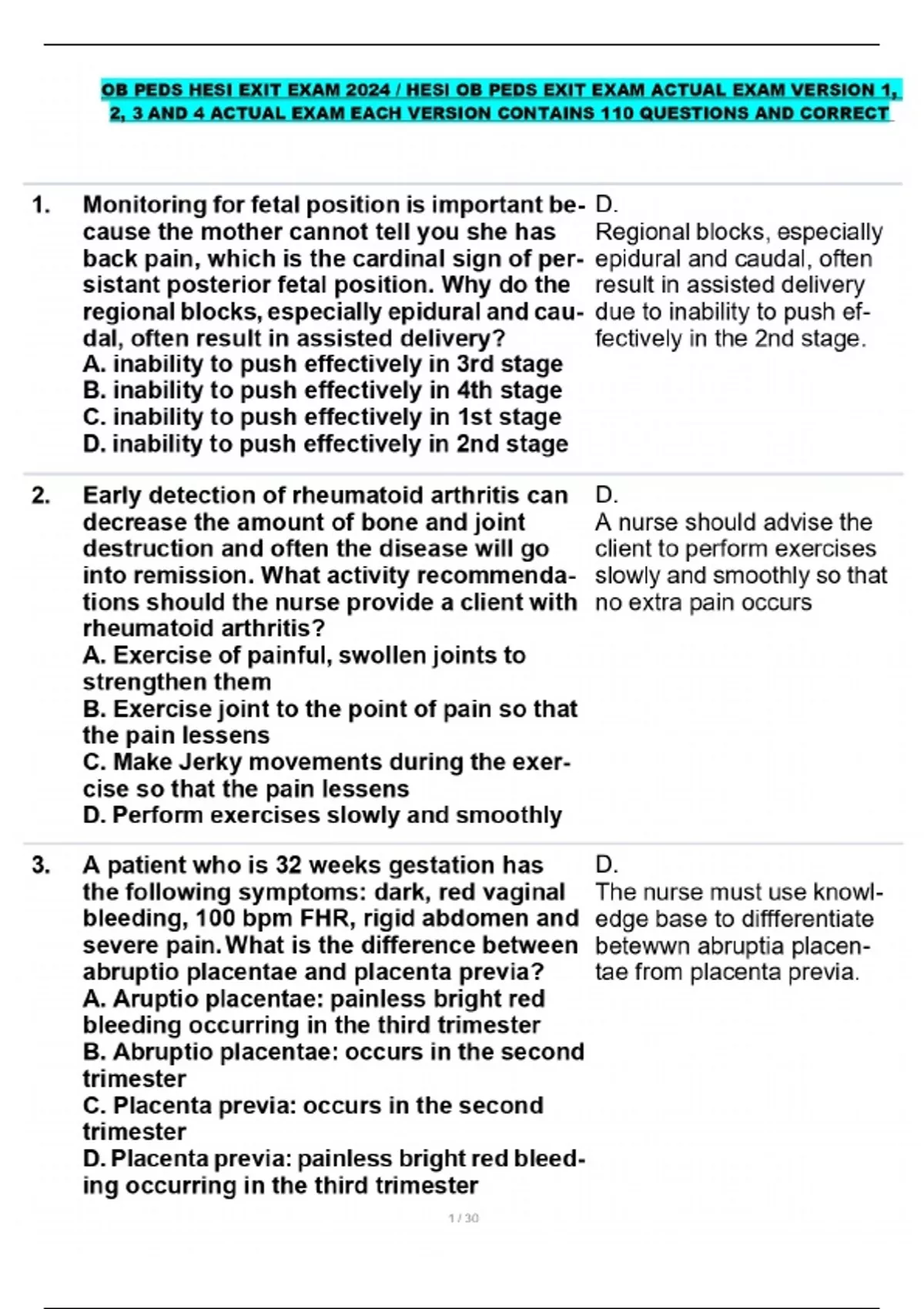 OB PEDS HESI EXIT EXAM 2024 / HESI OB PEDS EXIT EXAM ACTUAL EXAM VERSION 1, 2, 3 AND 4 ACTUAL ...