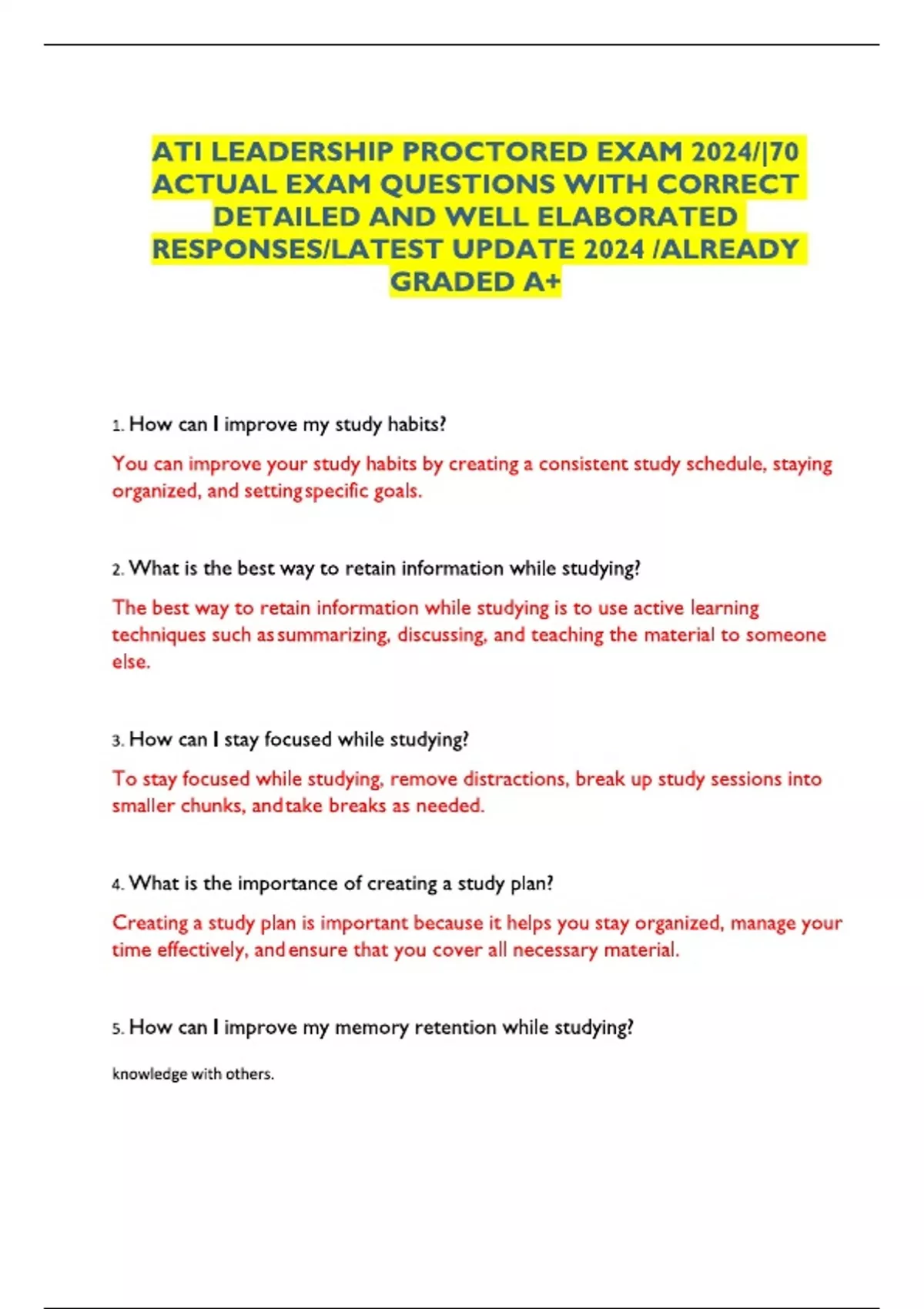 ATI LEADERSHIP PROCTORED EXAM 2024 70 ACTUAL EXAM QUESTIONS WITH ...