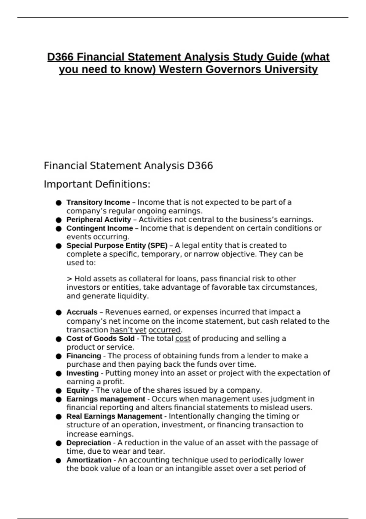 D366 Financial Statement Analysis Study Guide (what you need to know) Western Governors ...