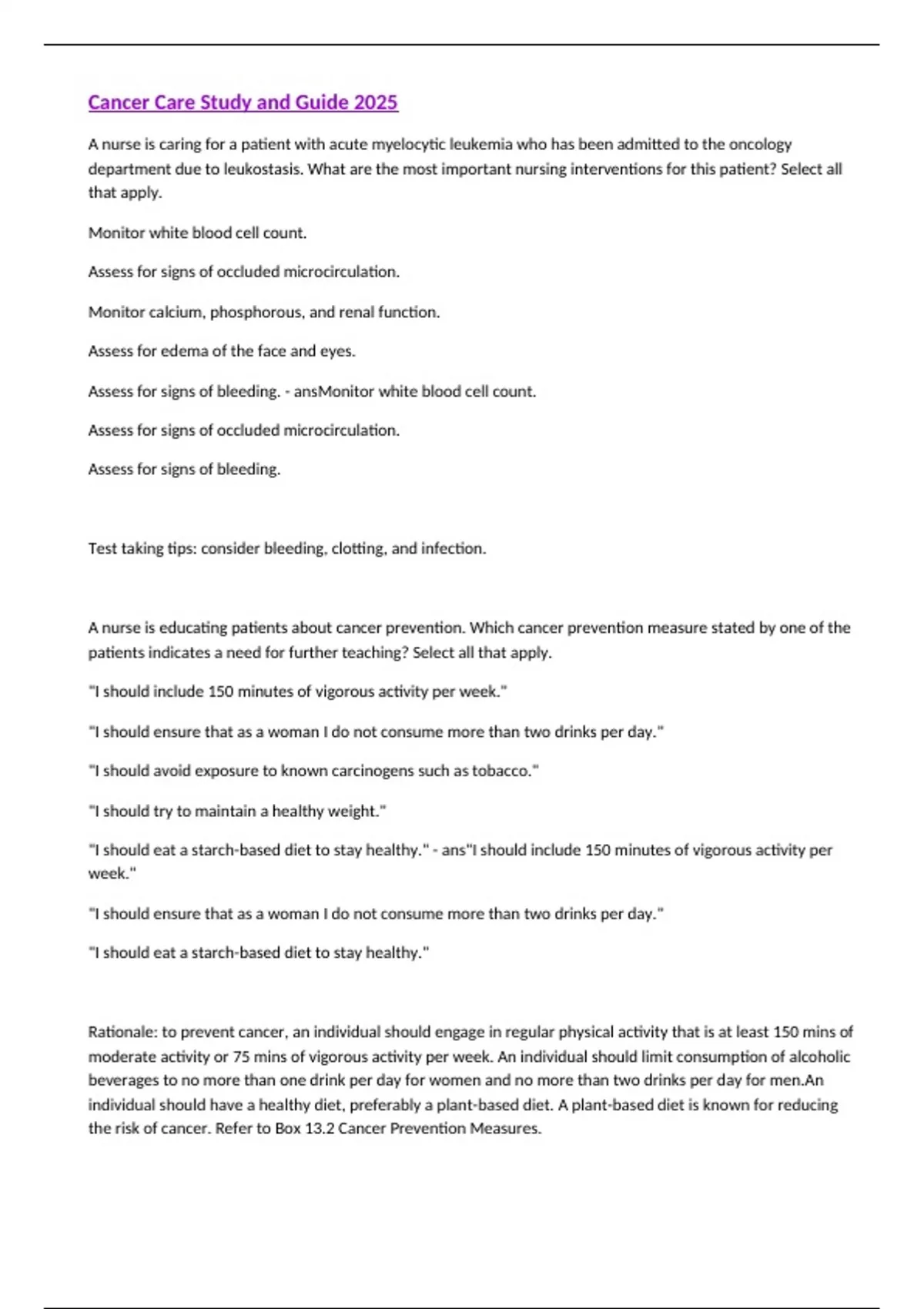 Cancer Care Study and Guide 2025. - Healthcare nursing - Stuvia UK