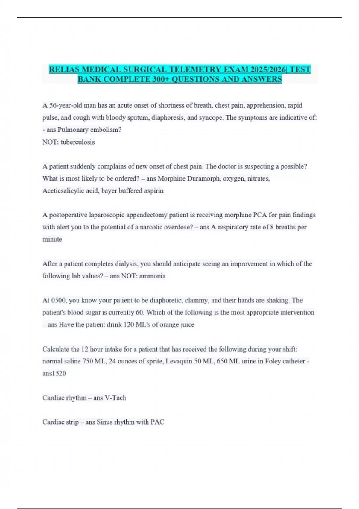 RELIAS MEDICAL SURGICAL TELEMETRY EXAM 2025/2026| TEST BANK COMPLETE ...