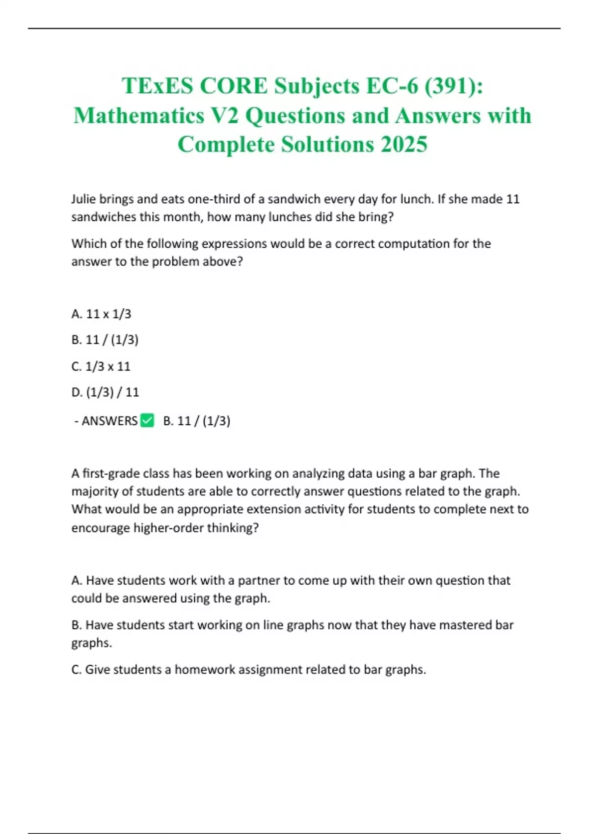 TExES CORE Subjects EC-6 (391): Mathematics V2 Questions and Answers with Complete Solutions ...