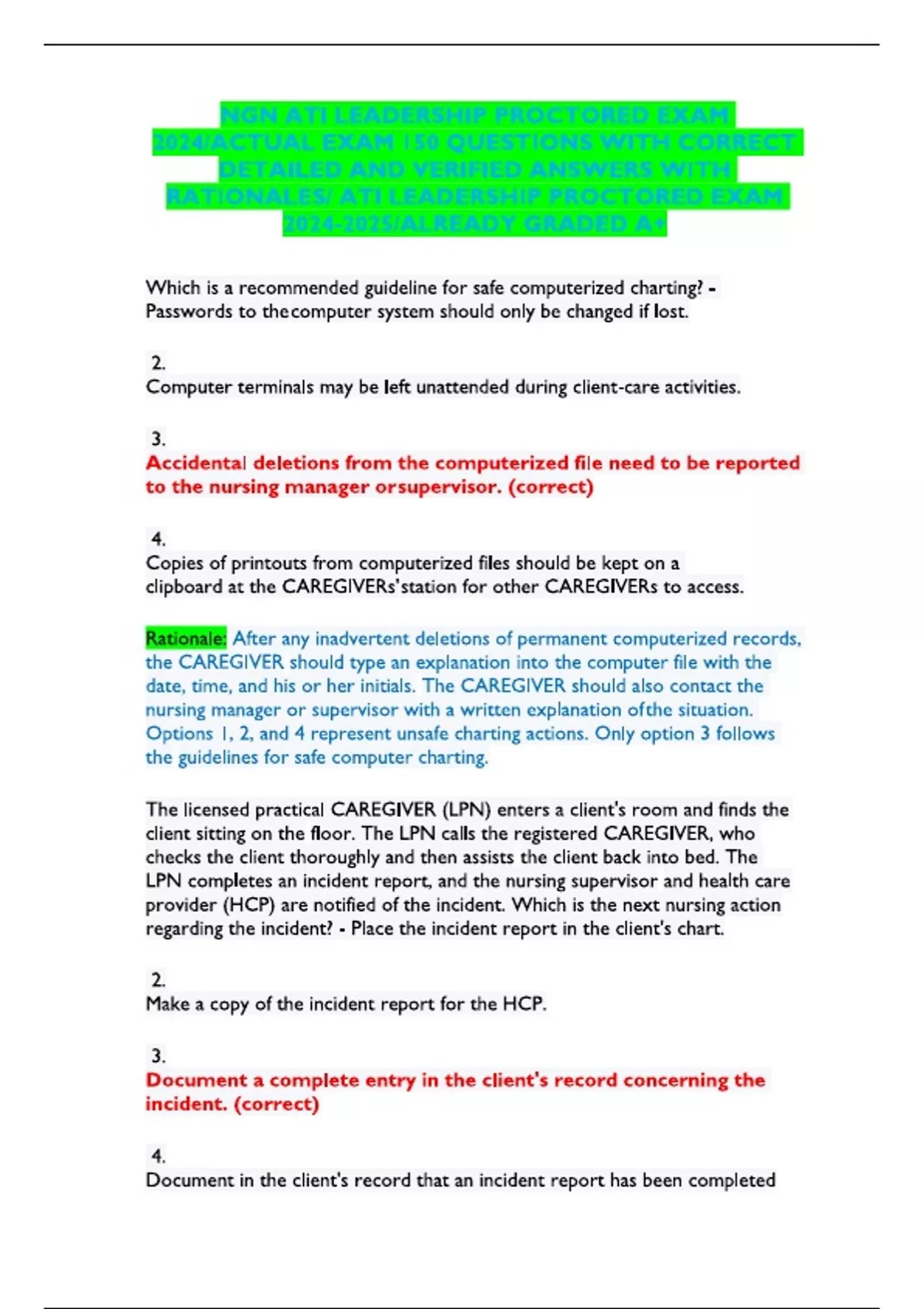 NGN ATI LEADERSHIP PROCTORED EXAM 2024ACTUAL EXAM 150 QUESTIONS WITH ...