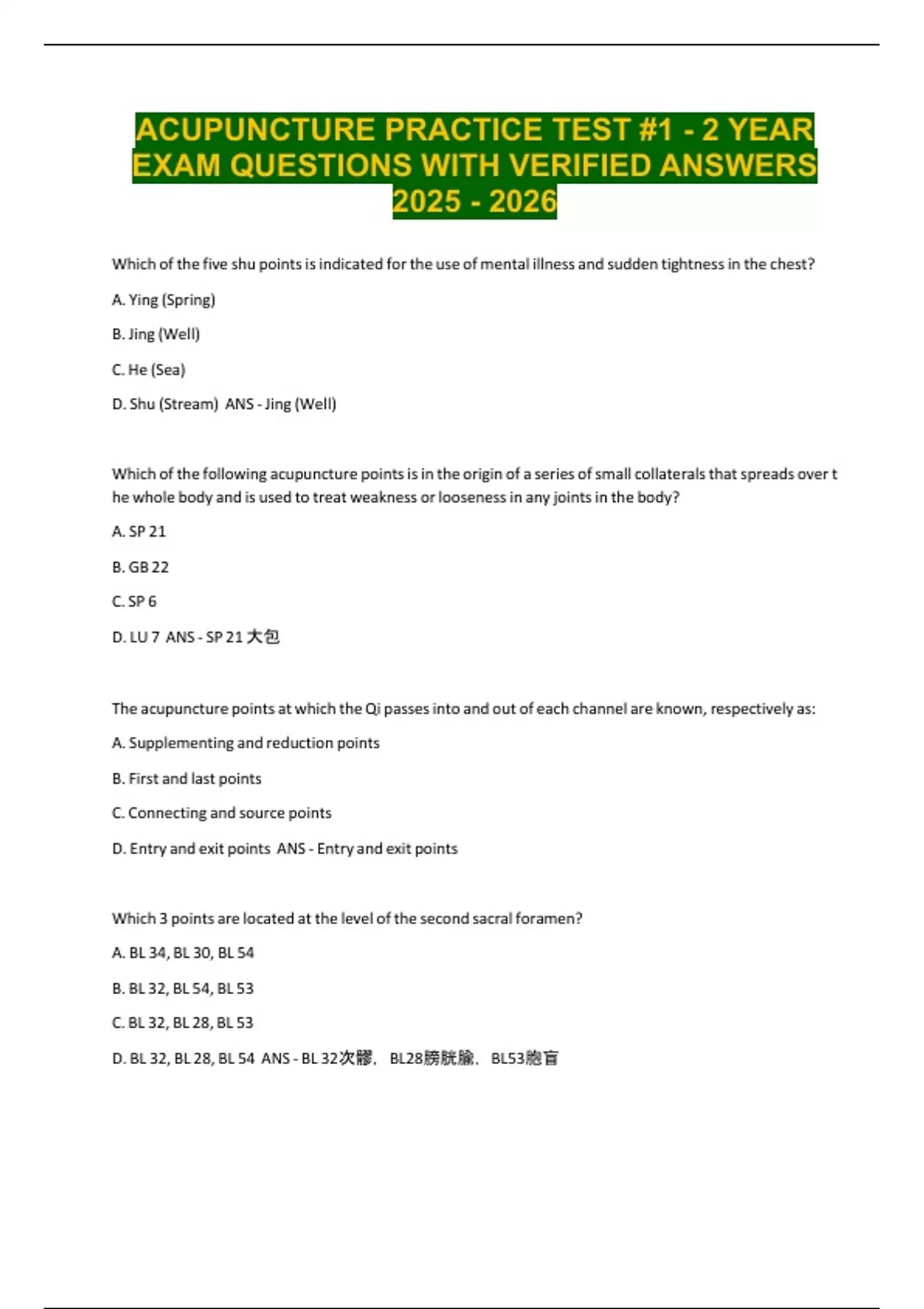 ACUPUNCTURE PRACTICE TEST #1 - 2 YEAR EXAM QUESTIONS WITH VERIFIED ...